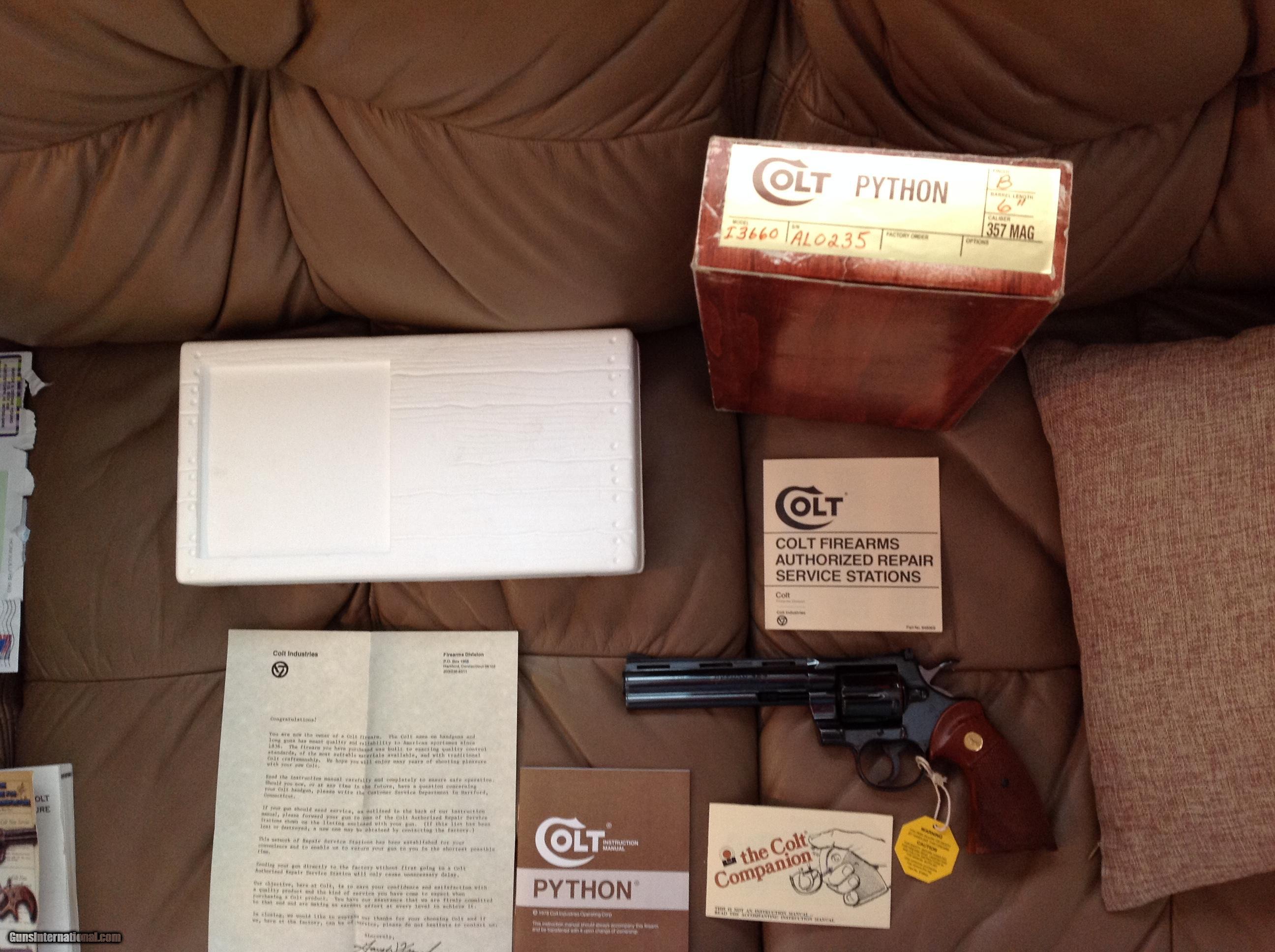 COLT PYTHON 357 MAGNUM 6" "ROYAL BLUE" NEW COND. WITH OWNERS MANUAL ...