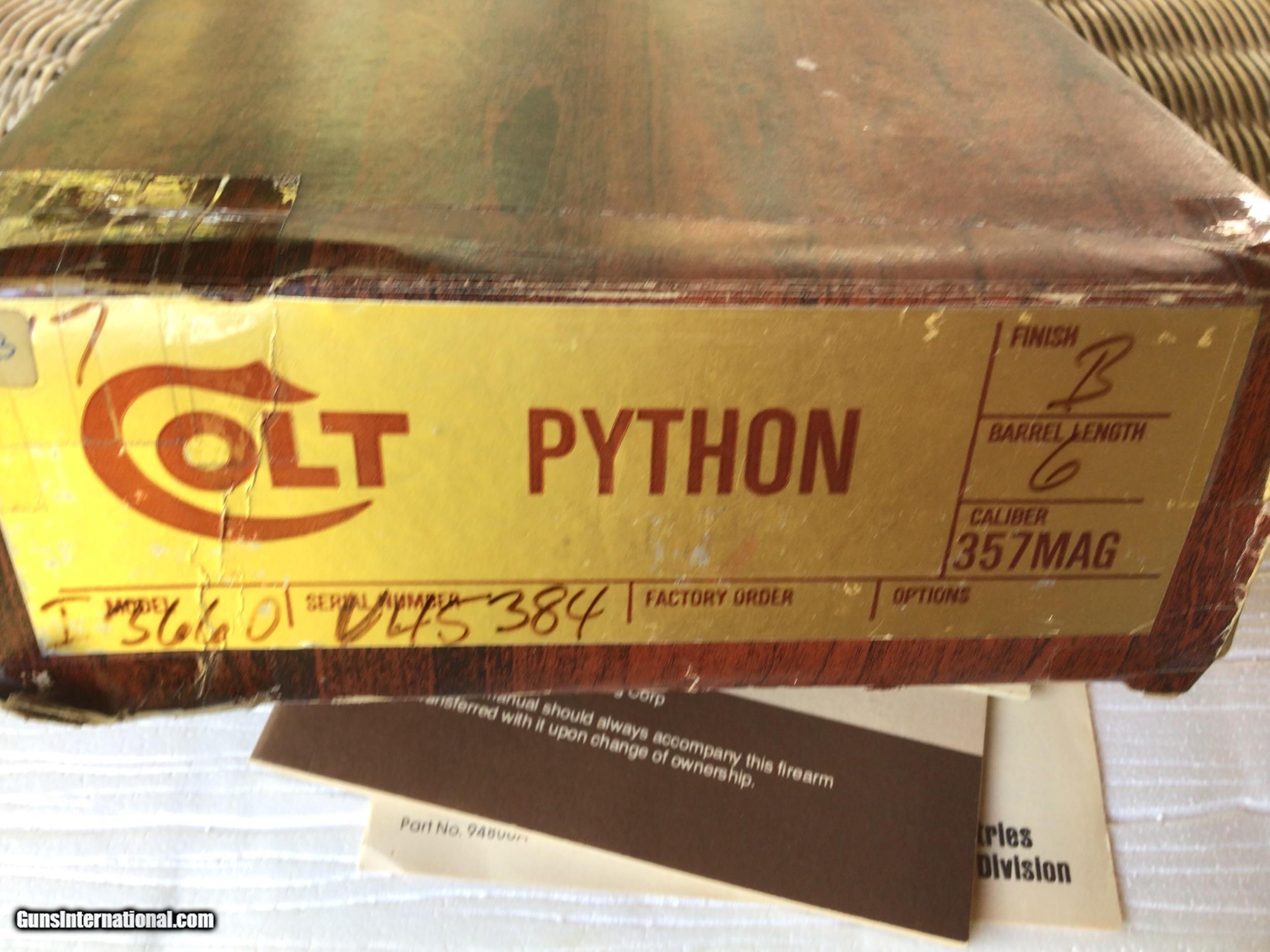 COLT PYTHON 357 MAGNUM, 6” BLUE, MFG. 1979, LIKE NEW IN THE BOX WITH ...