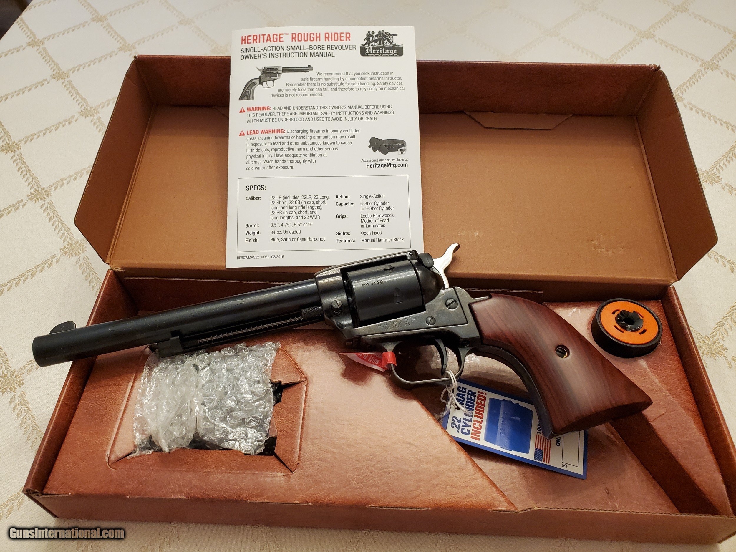 HERITAGE 6-SHOT ROUGH RIDER REVOLVER .22LR / .22MAG 6.5" BARREL W/.22 ...