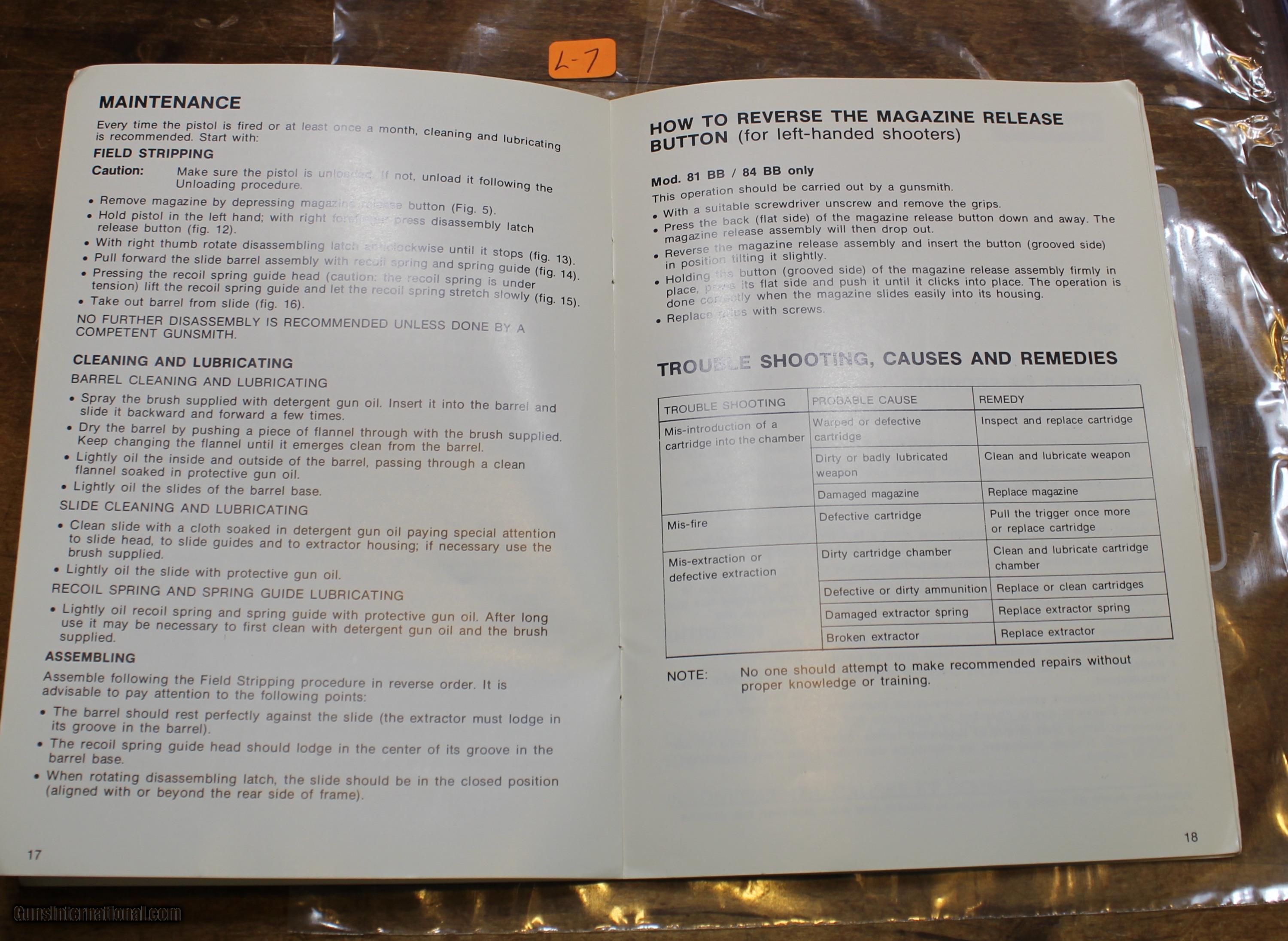 Original Factory Beretta serie 81 Pistol Manual NOT a Reproduction