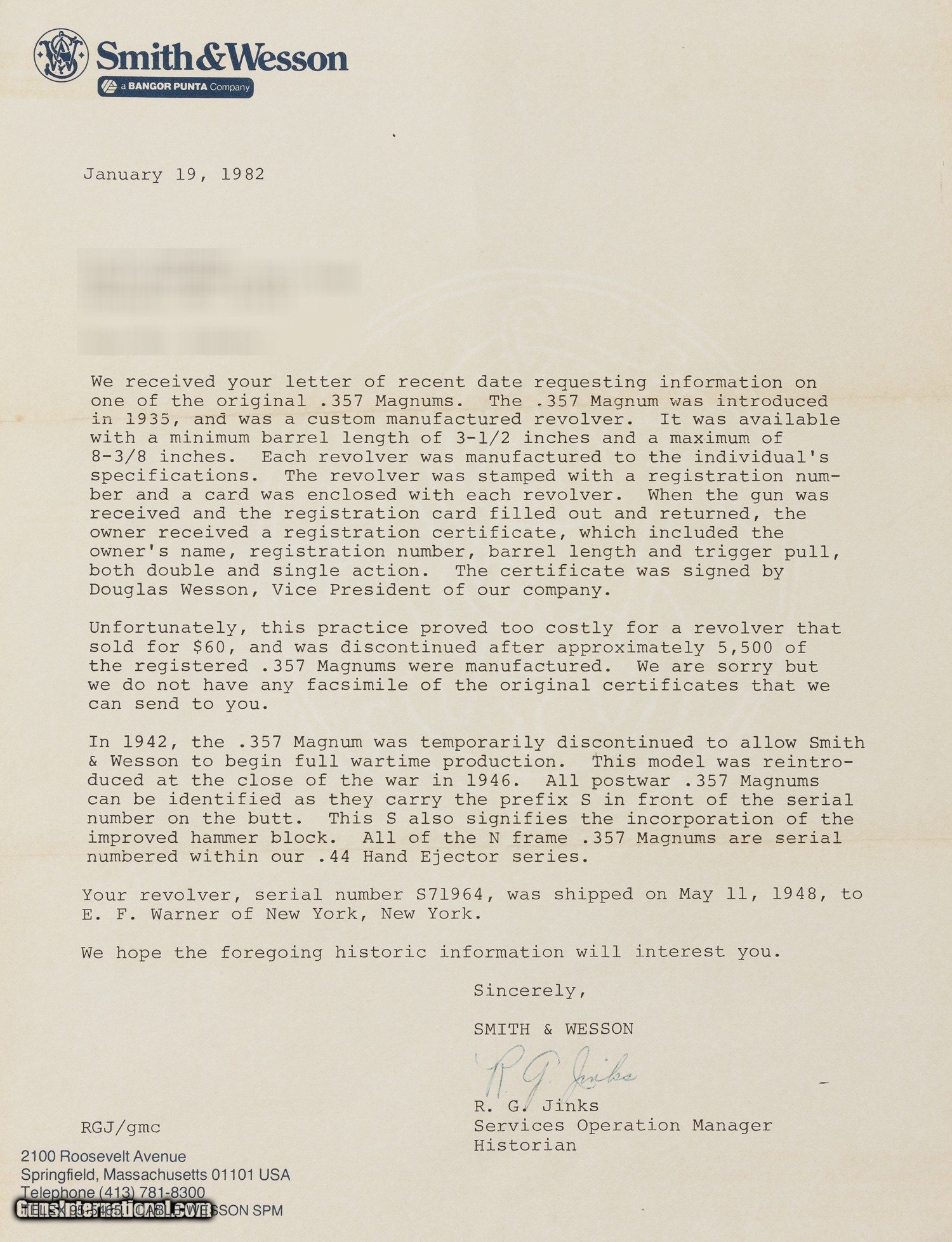 ULTRA RARE Smith & Wesson TRANSITION .357 Magnum 1948 Factory Letter ...