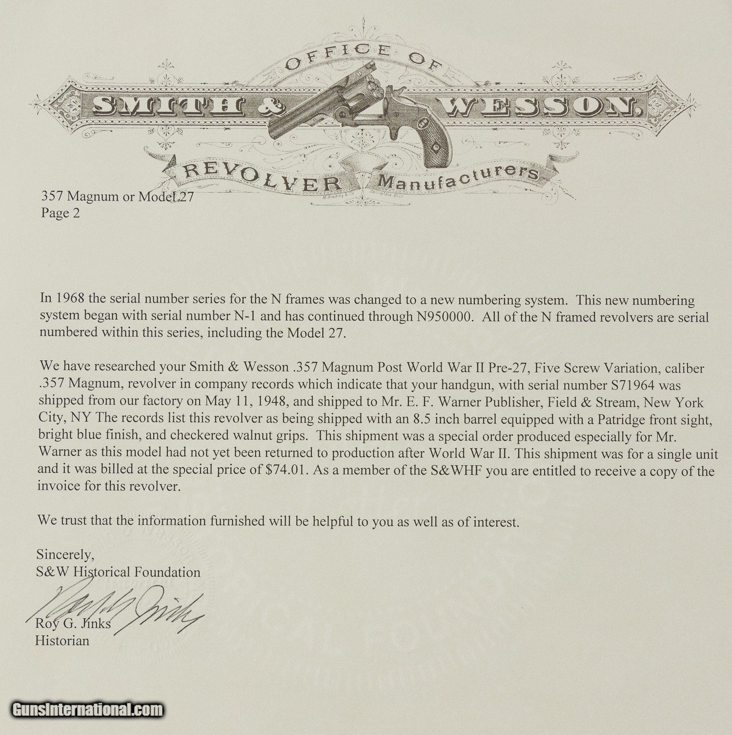 ULTRA RARE Smith & Wesson TRANSITION .357 Magnum 1948 Factory Letter ...
