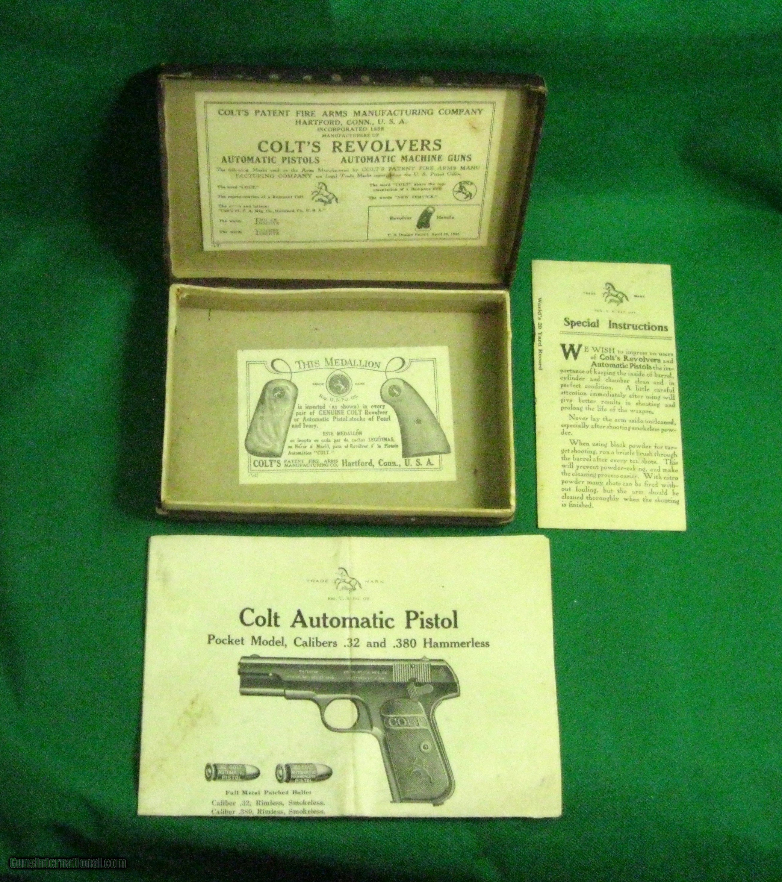 VINTAGE 1918 BOX MODEL 1903 COLT POCKET HAMMERLESS .32 CAL INSTRUCT ...