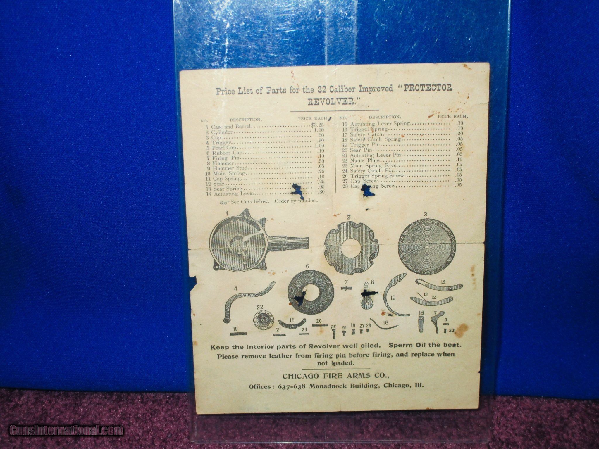 Rare Chicago Fire Arms Co. Price List of Parts For The .32 Caliber ...
