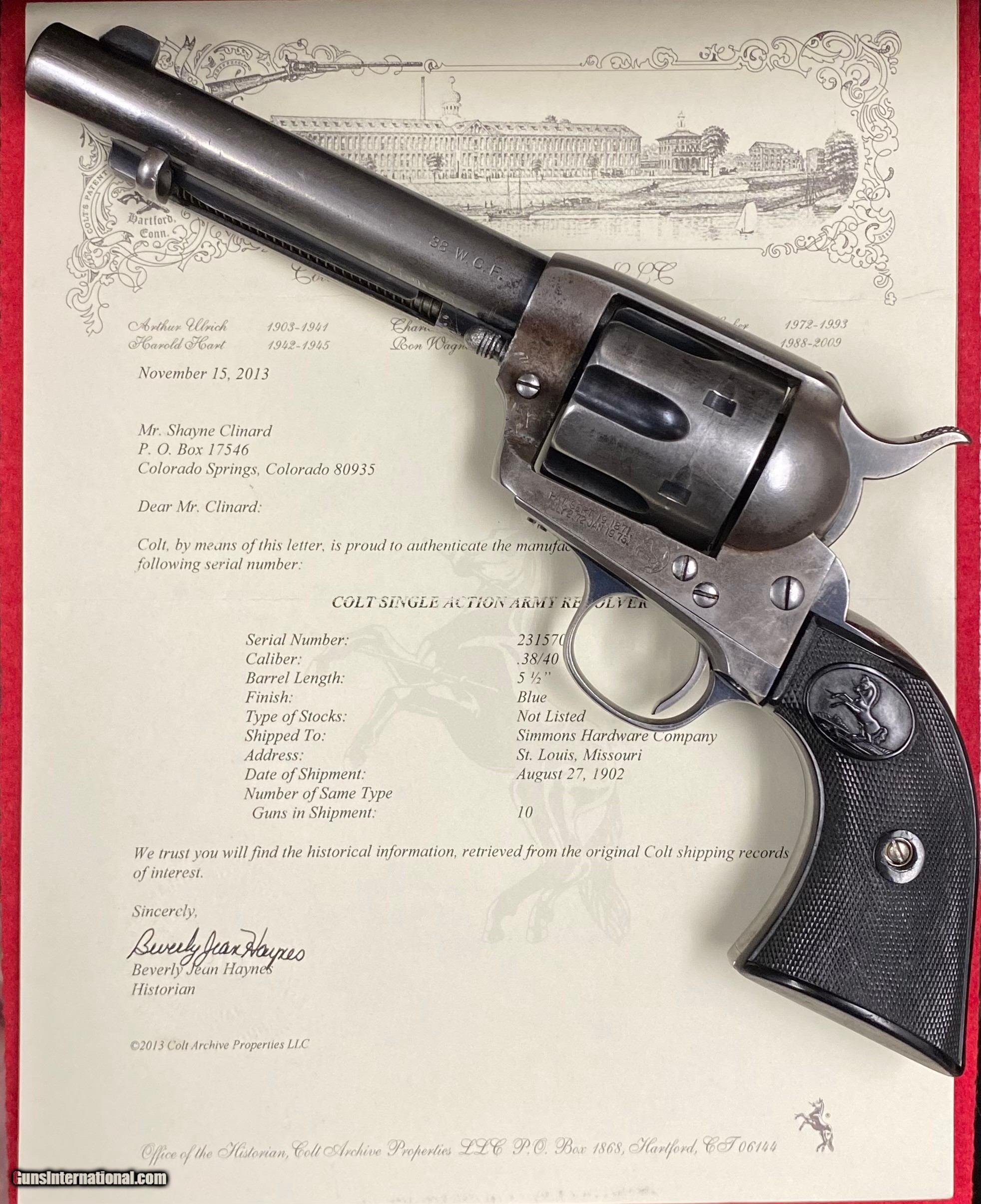 Vintage Colt SAA Revolver .38-40 with Colt Letter Manufactured in 1902.