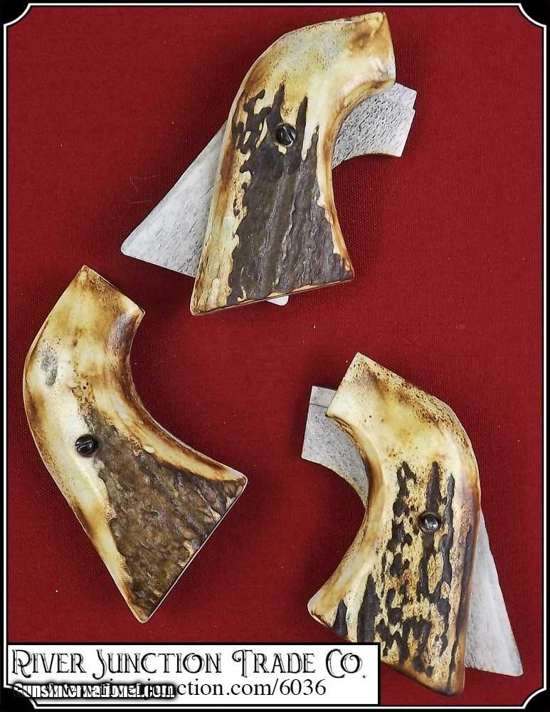 Old Vaquero and other Ruger Grips ~ Hand made Elk Horn two piece Grips w/ bark and fire kissed