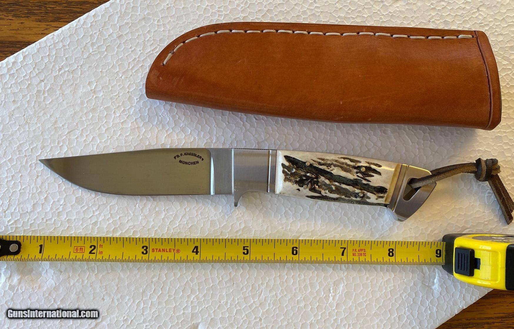 DIETMAR KRESSLER AMBER STAG INTEGRAL KNIFE WITH LEATHER SHEATH for sale