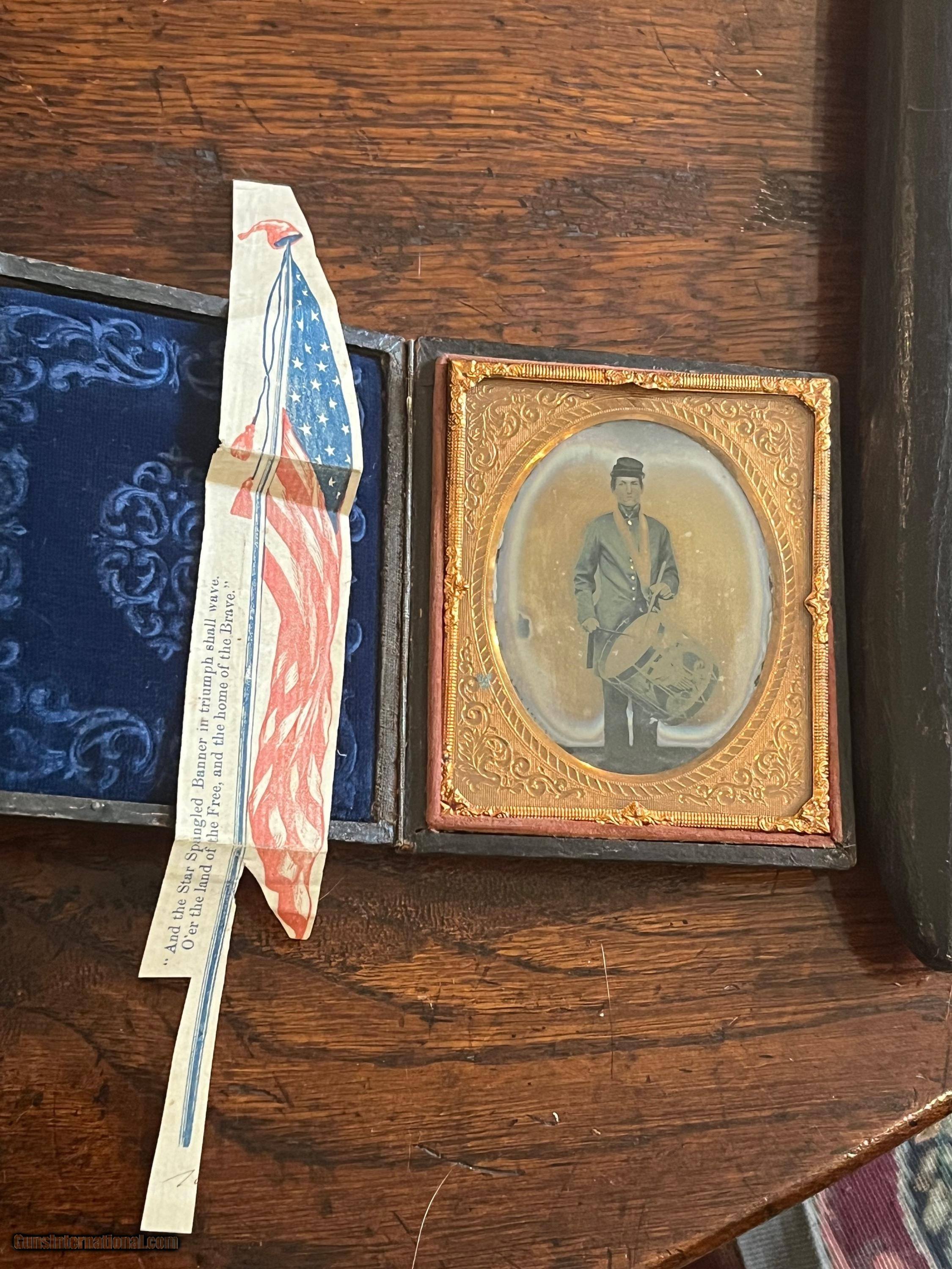 Rare 1/6 plate US Civil War Drummer with eagle drum Ambrotype
