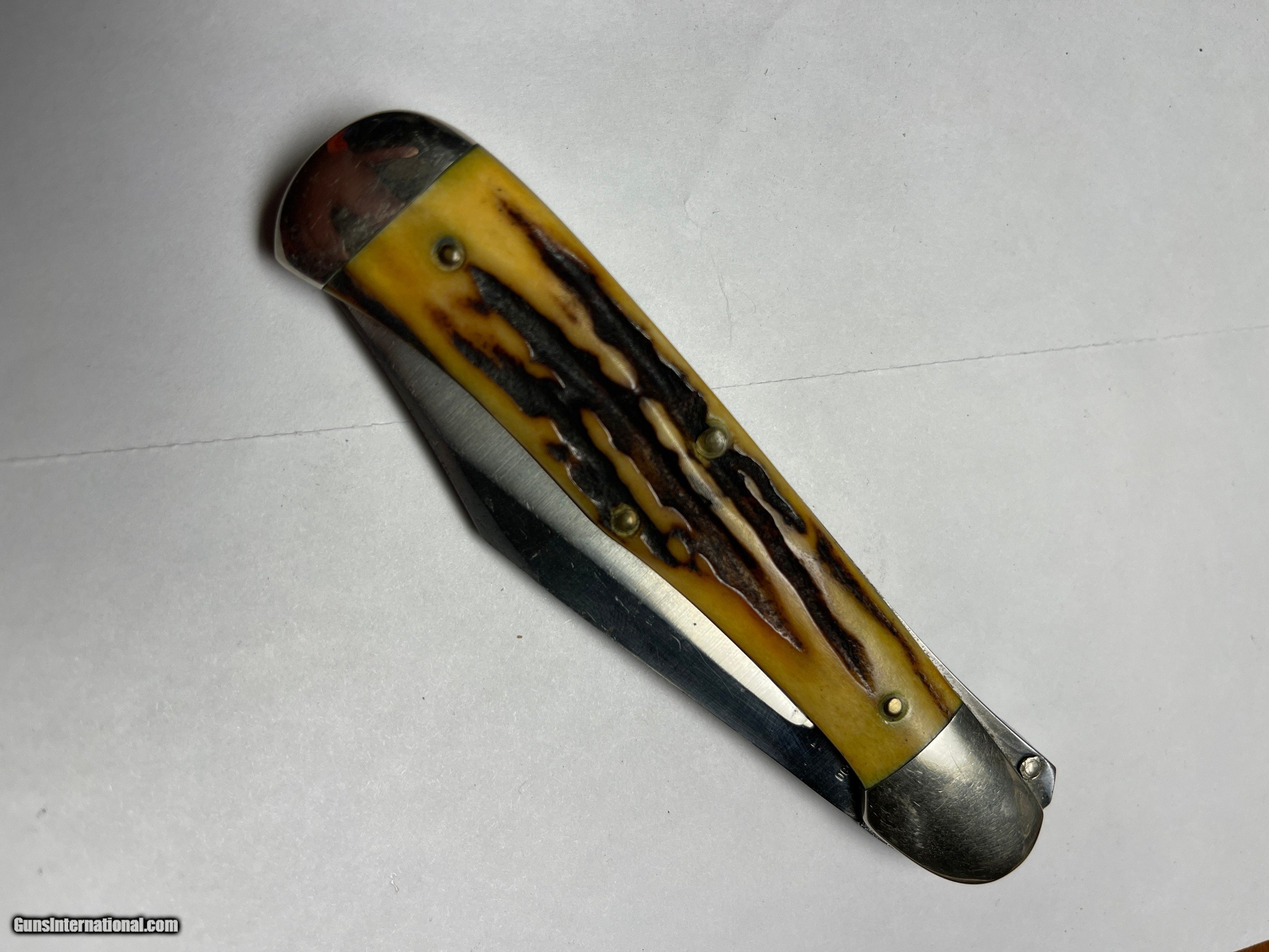 JAEGER BROS AUTOMATIC KNIFE MARINETTE WIS SAMBAR STAG OLD VINTAGE RARE