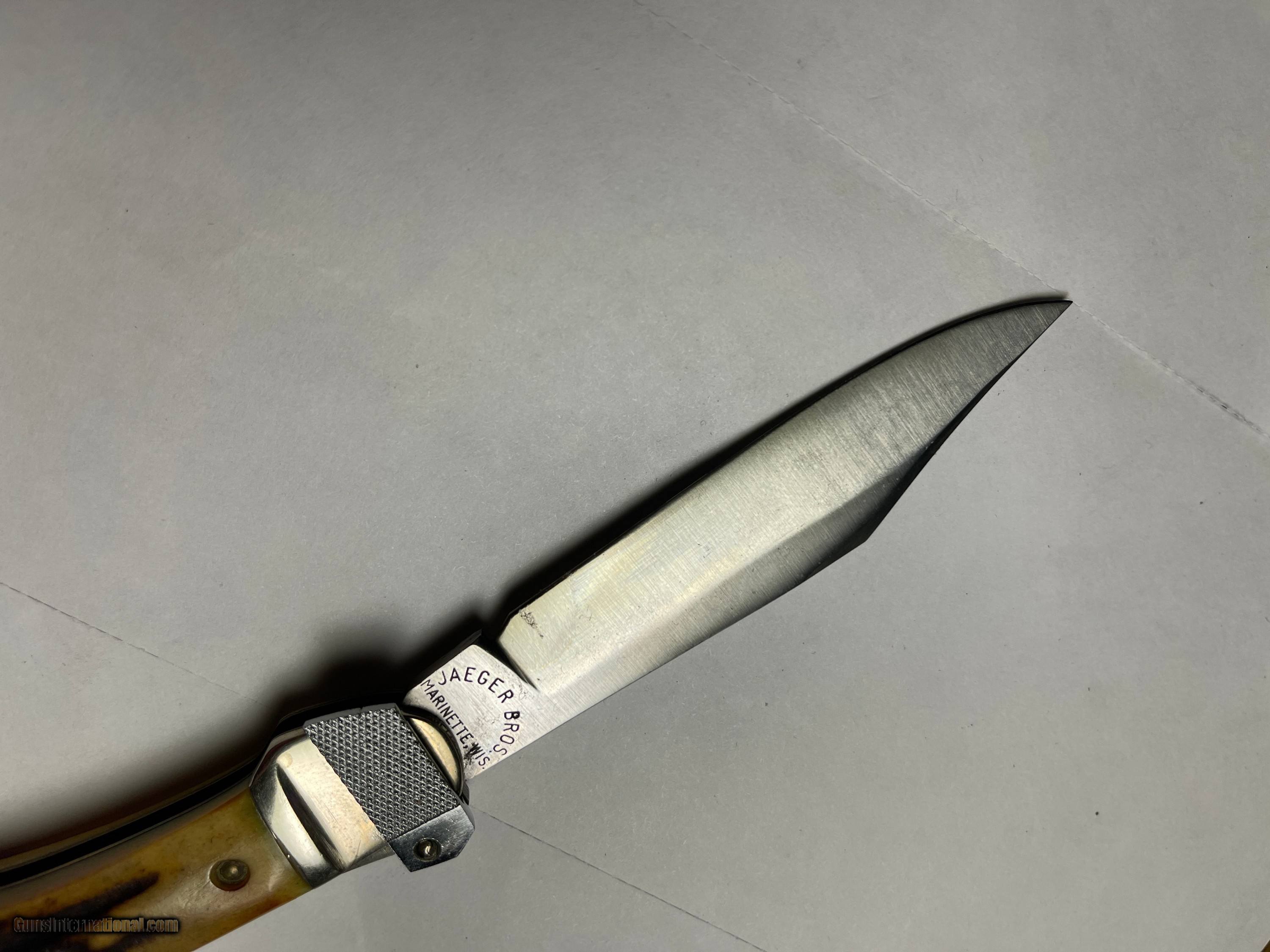 JAEGER BROS AUTOMATIC KNIFE MARINETTE WIS SAMBAR STAG OLD VINTAGE RARE