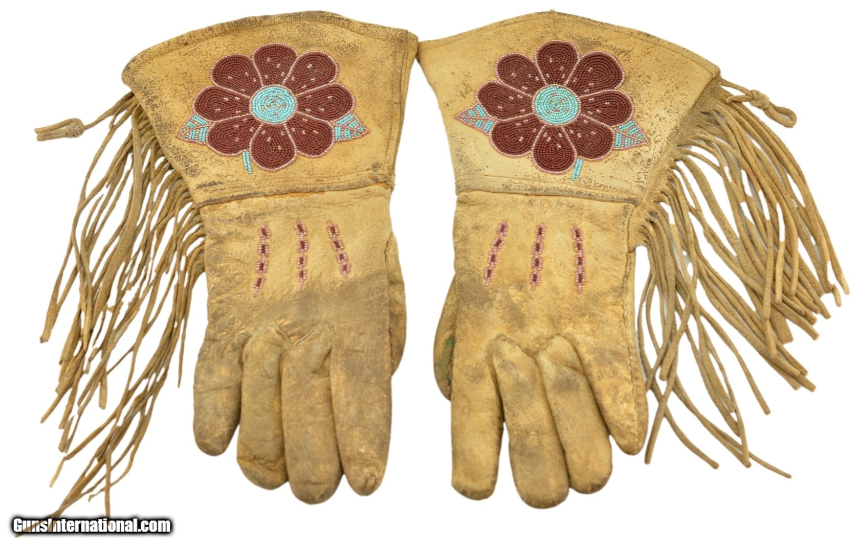 Vintage Native American Indian Beaded Leather Gauntlet Gloves Excellent