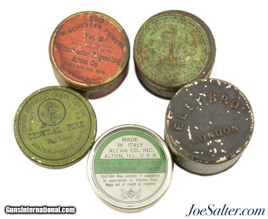 Lot of 5 Vintage percussion caps tins Winchester, Eley, UMC