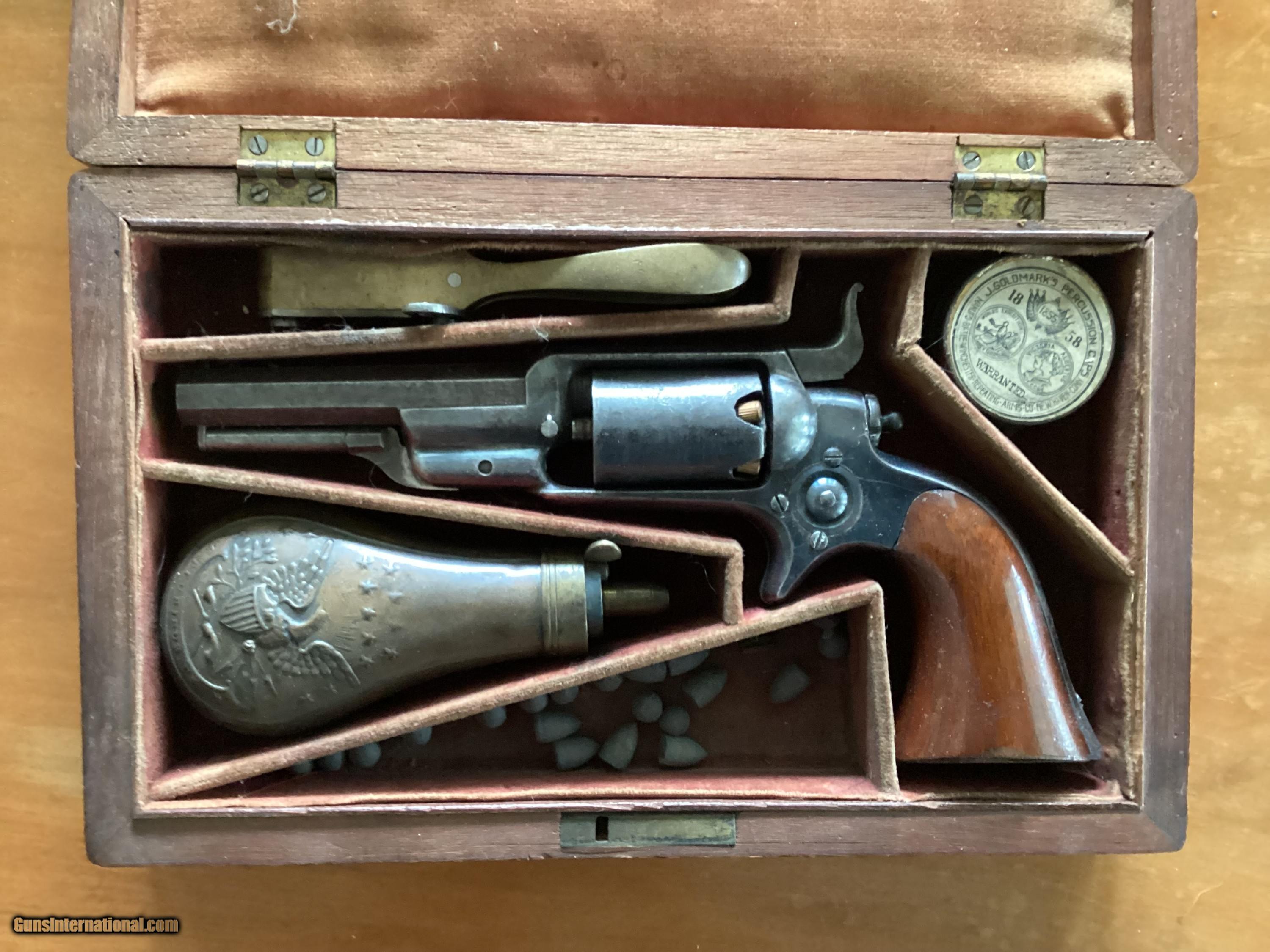 ANTIQUE - Vintage Cased Colt Root pistol with flask - caps - Bullet Mold