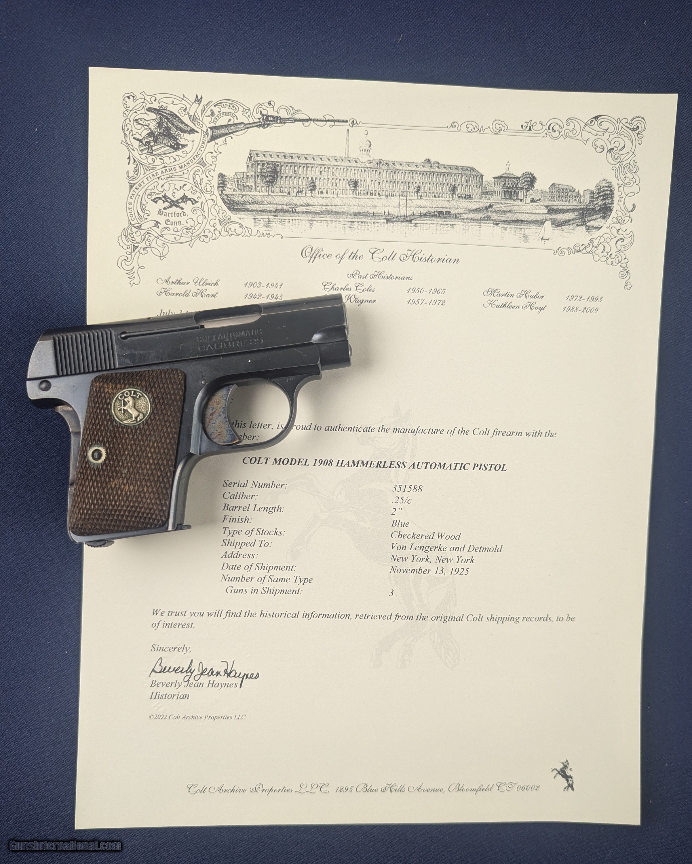 Historic Colt 1908 .25 Auto W/Factory Letter to Famed NYC Importer C. 1925