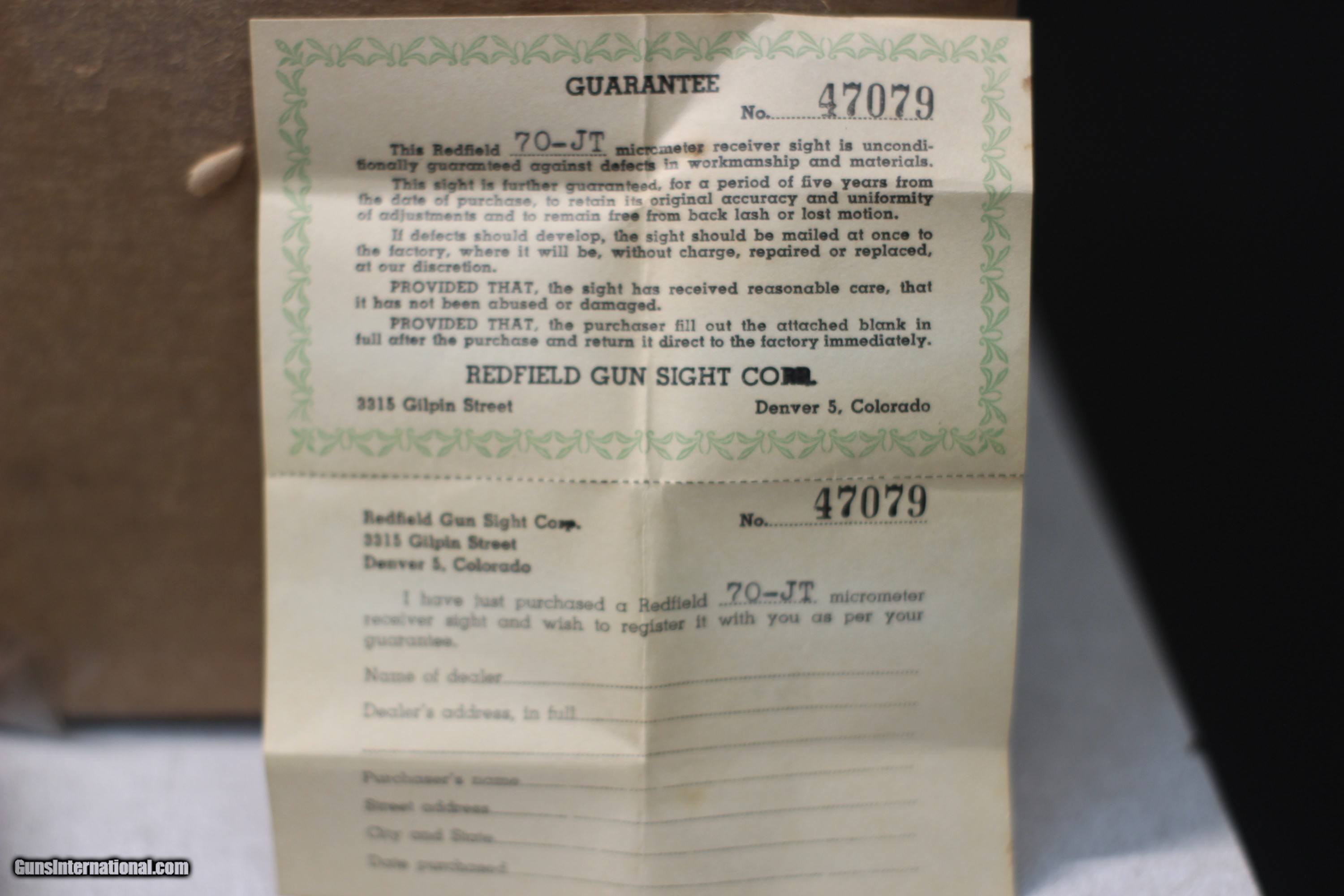 Redfield No. 70 JT Micrometer Receiver Sight (Vintage) for sale