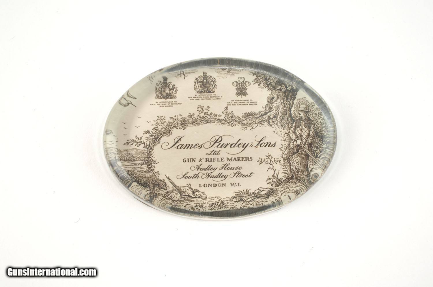 VINTAGE PURDEY TRADE LABEL GLASS PAPER WEIGHT AUDLEY HOUSE ADDRESS