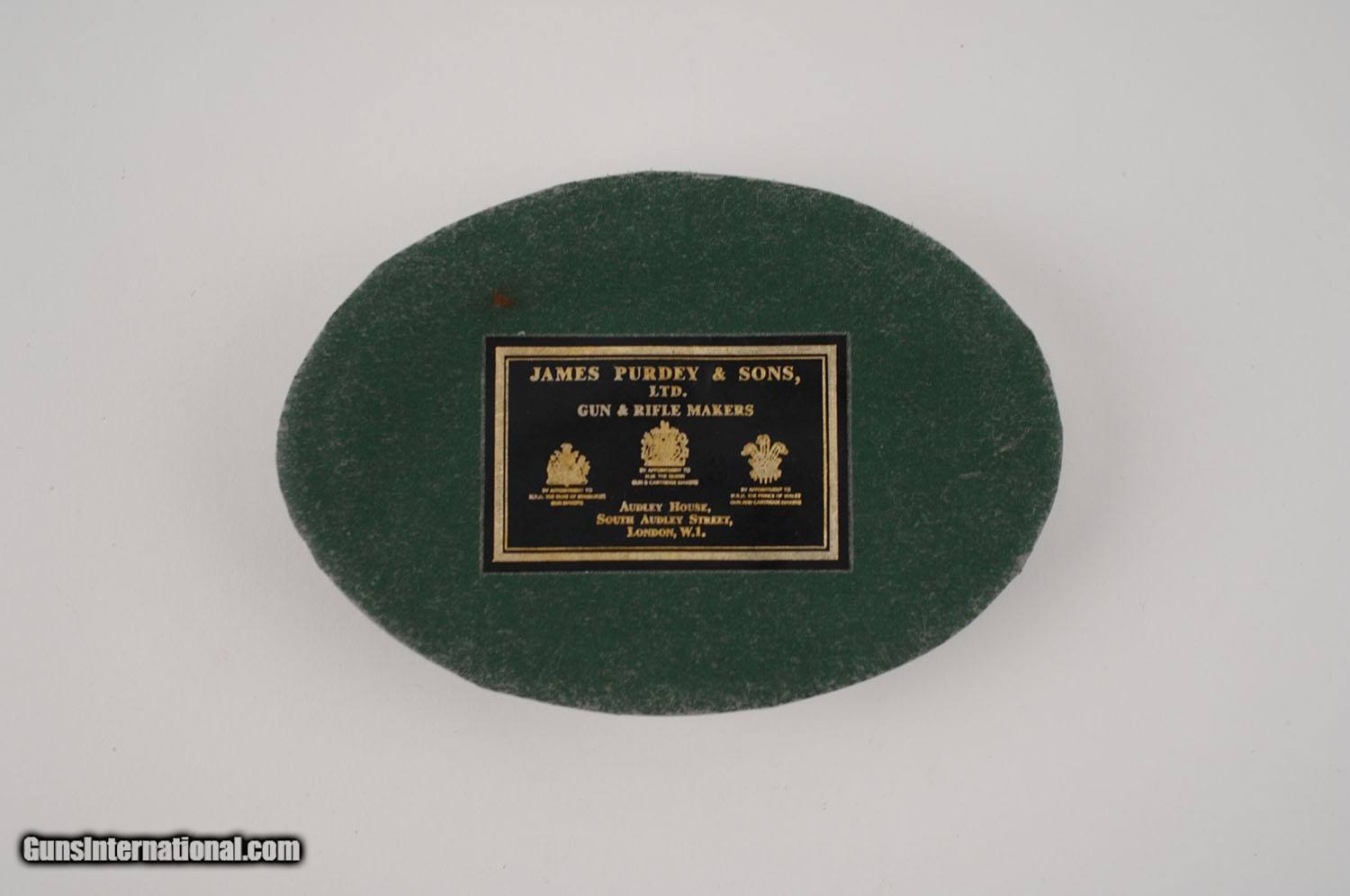 VINTAGE PURDEY TRADE LABEL GLASS PAPER WEIGHT AUDLEY HOUSE ADDRESS