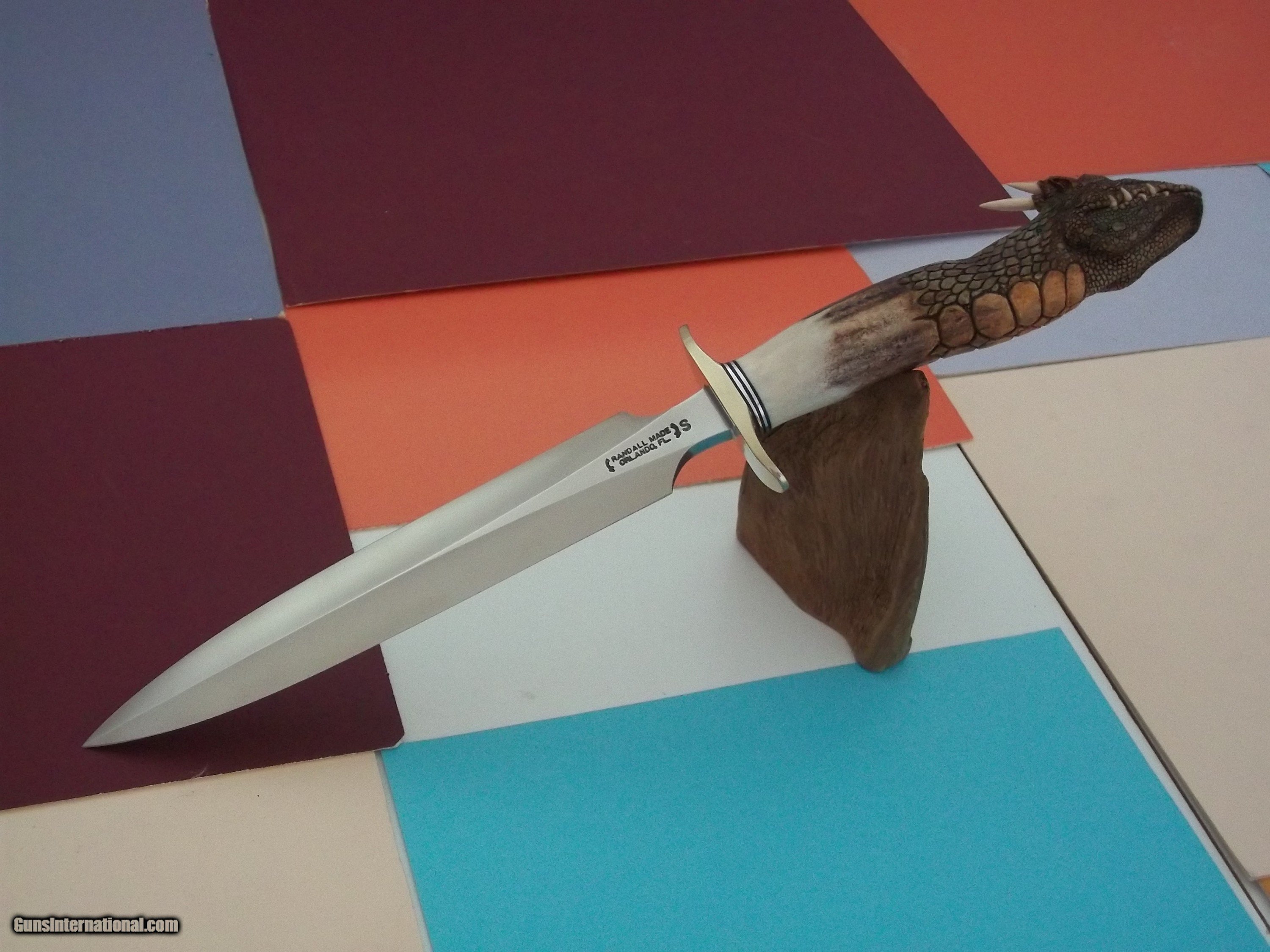 Randall # 2-7" Fighting Stiletto, "TALON DRAGON" carved India Sambar ...