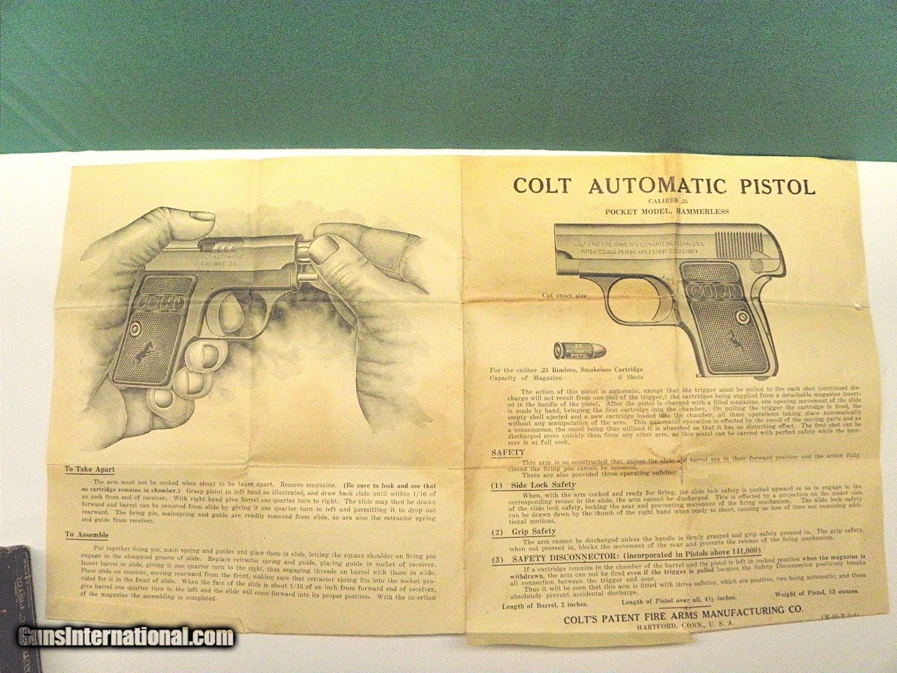 Vintage 1908 Colt .25 Automatic Pistol empty Box, Pamphlet & Brush