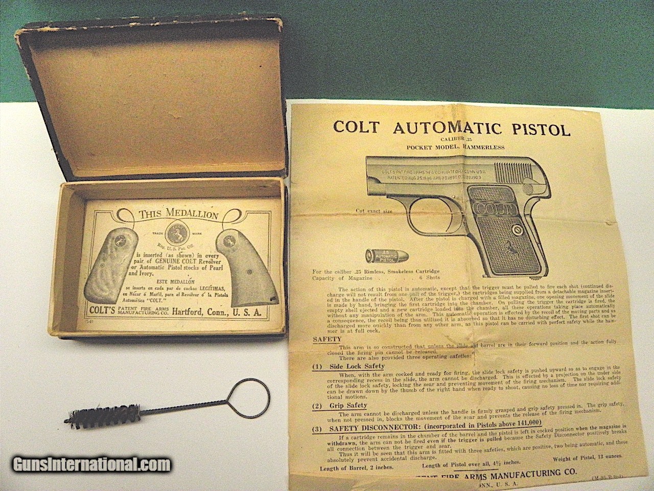 Vintage 1908 Colt .25 Automatic Pistol empty Box, Pamphlet & Brush