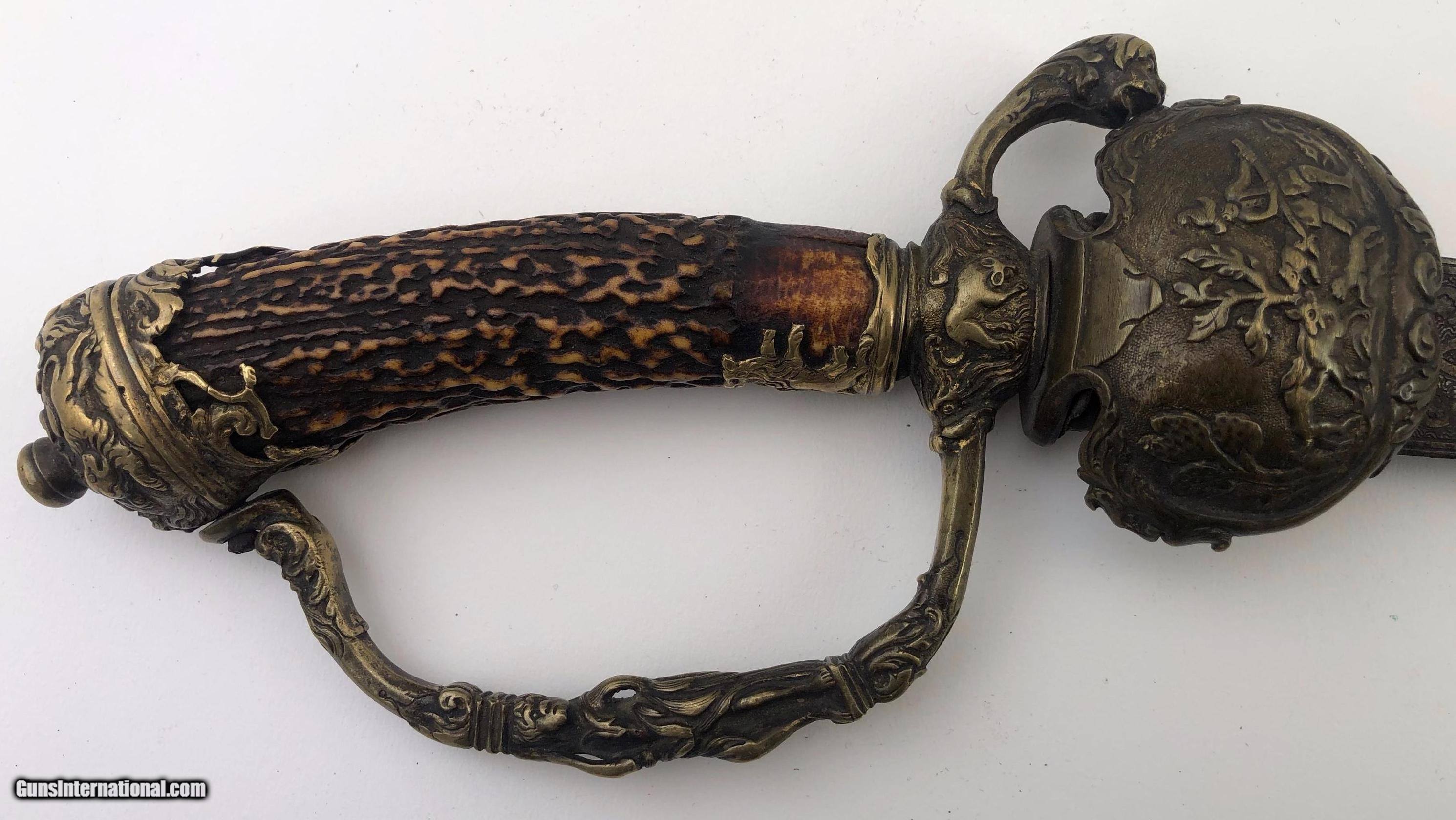 EUROPEAN STAG HANDLE HUNTING SWORD C. 1880-1910