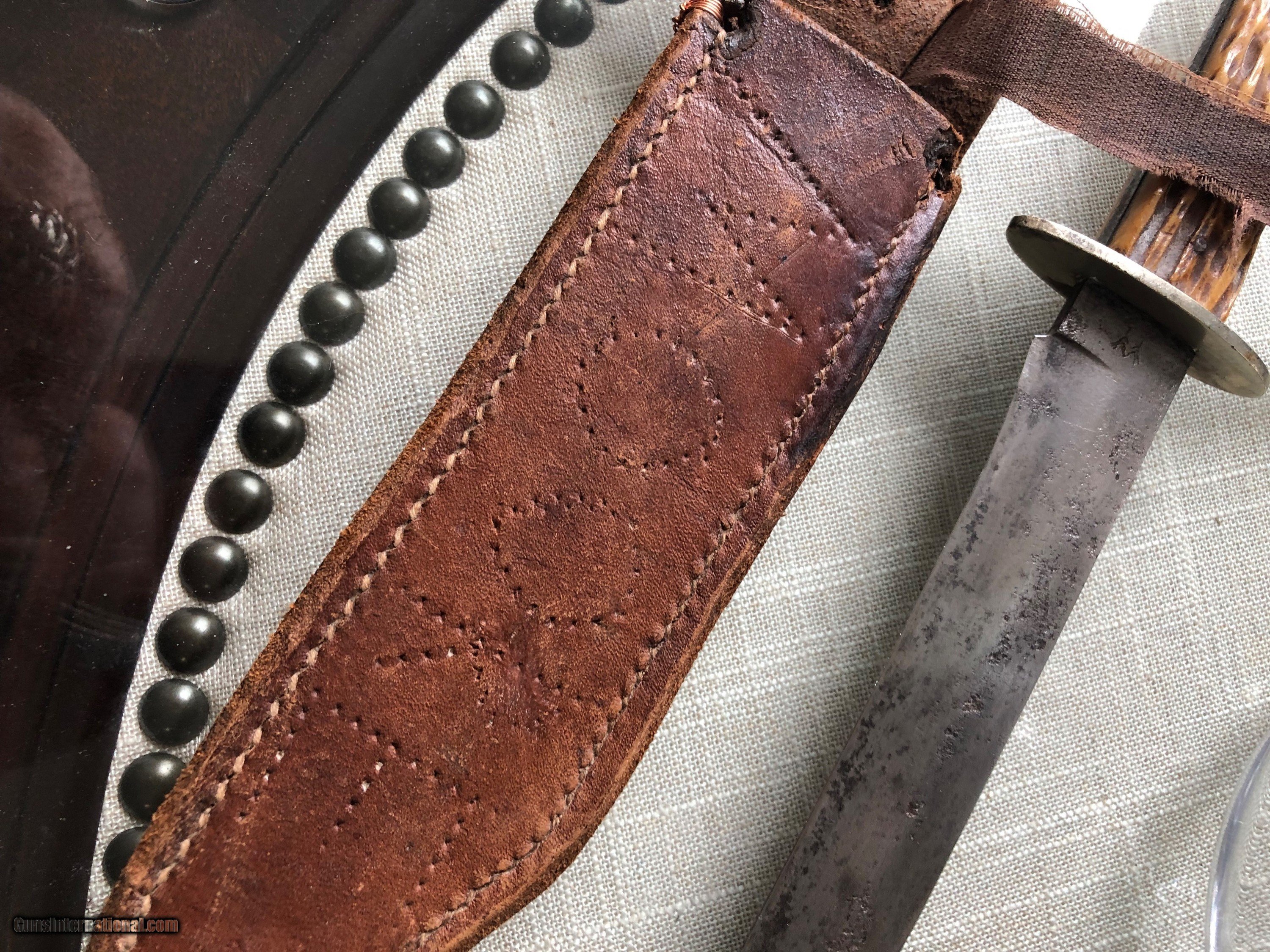 John Newton Frog Sheffield Bowie Knife - Stag Grips w/Sheath, Braided ...