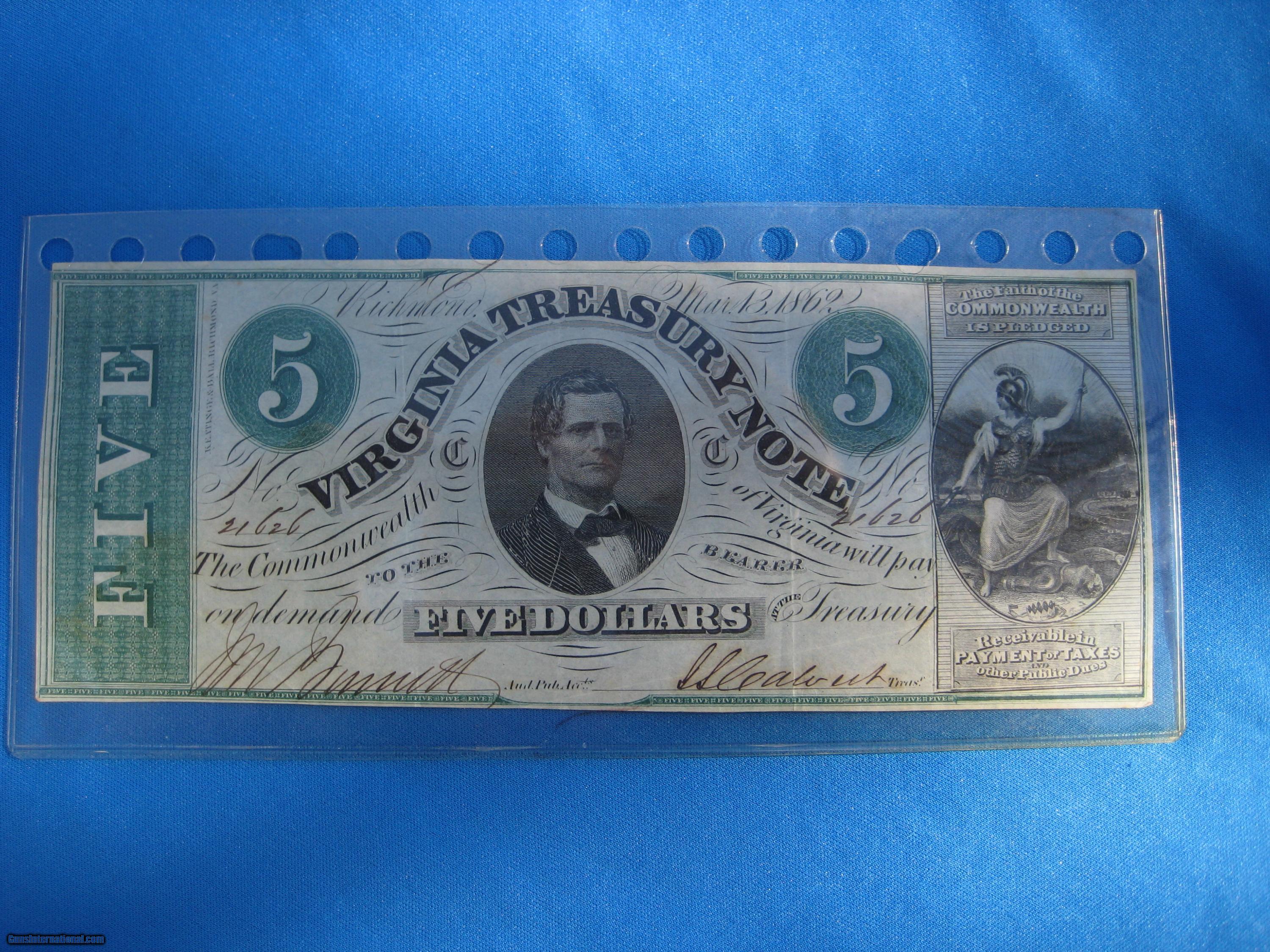 Virginia Treasury Note $5 Richmond 1862 Mint Crisp Example