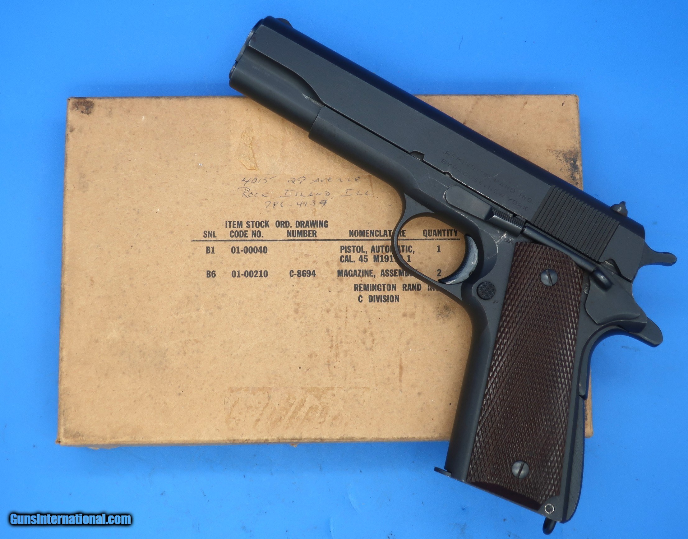 WW2 Remington Rand 1911A1 45ACP Type 1 Feb 1943 Du-Lite Blue w/Box