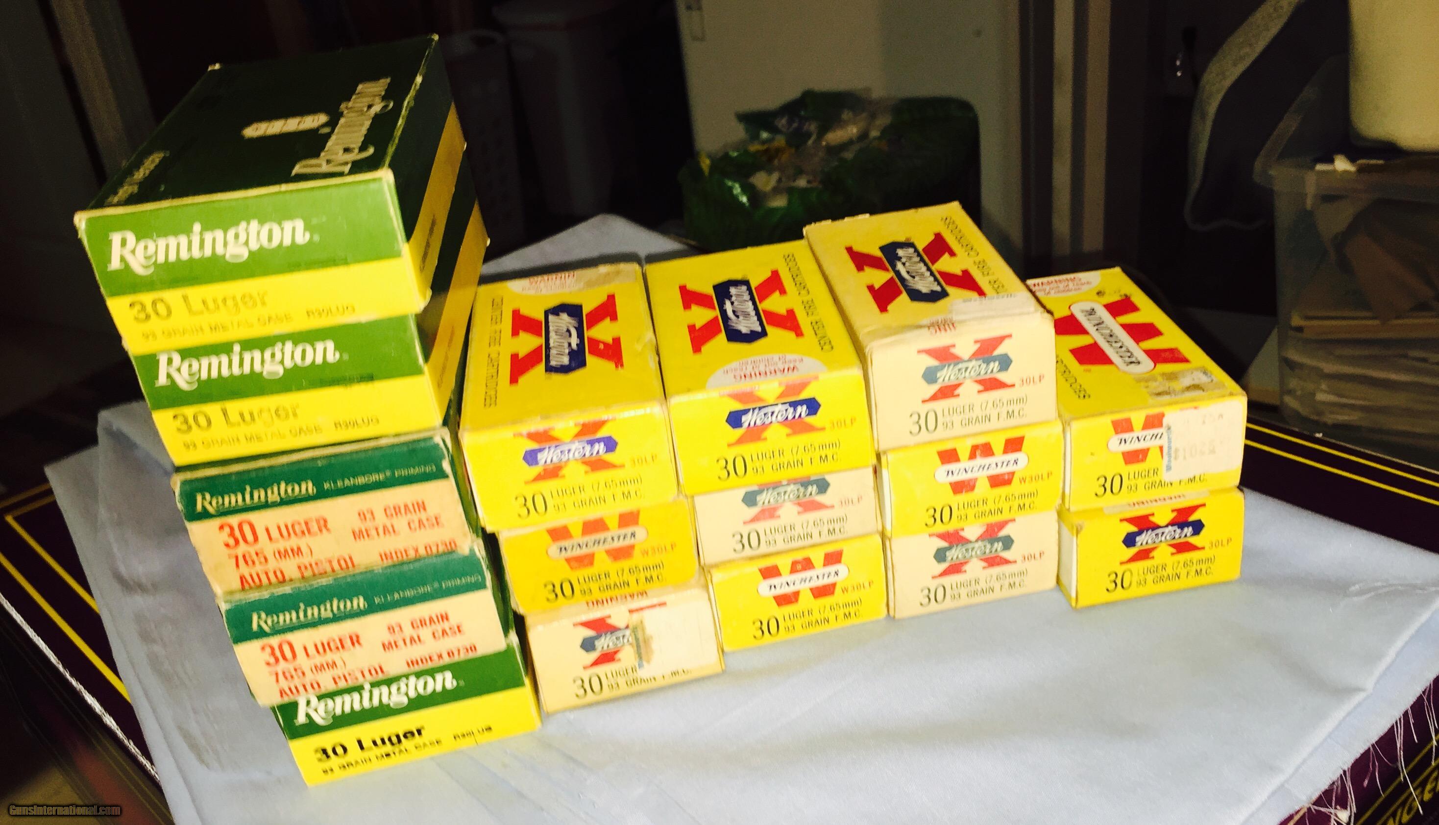 Factory 30 caliber luger -7.65 Luger ammo-vintage Yellow and green boxes