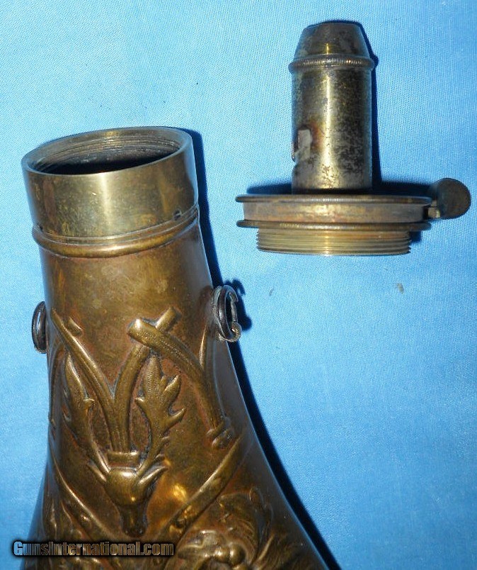 * Antique AMERICAN CAP & FLASK POWDER FLASK DOGS STAG OAK LEAVES 9"