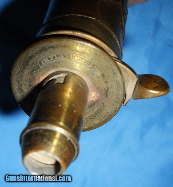 * Antique AMERICAN CAP & FLASK POWDER FLASK DOGS STAG OAK LEAVES 9"