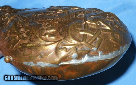 * Antique AMERICAN CAP & FLASK POWDER FLASK DOGS STAG OAK LEAVES 9"