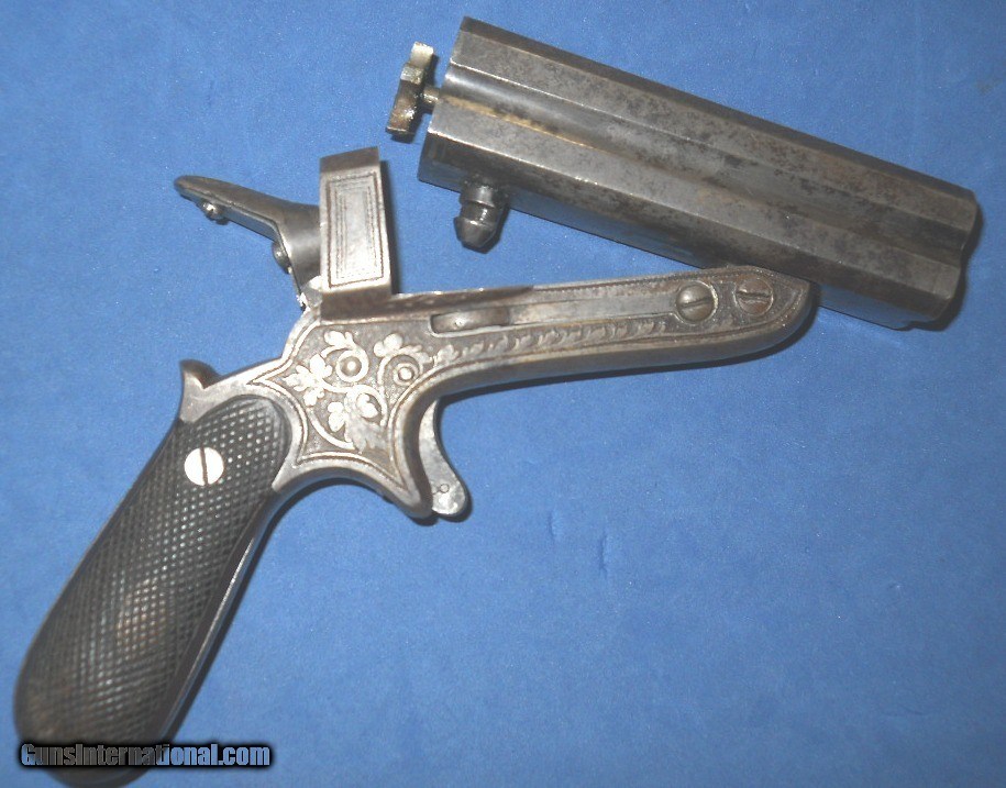 * Antique 1860s ENGRAVED EUROPEAN 4 BARREL SHARPS TYPE PEPPERBOX PISTOL 9mm