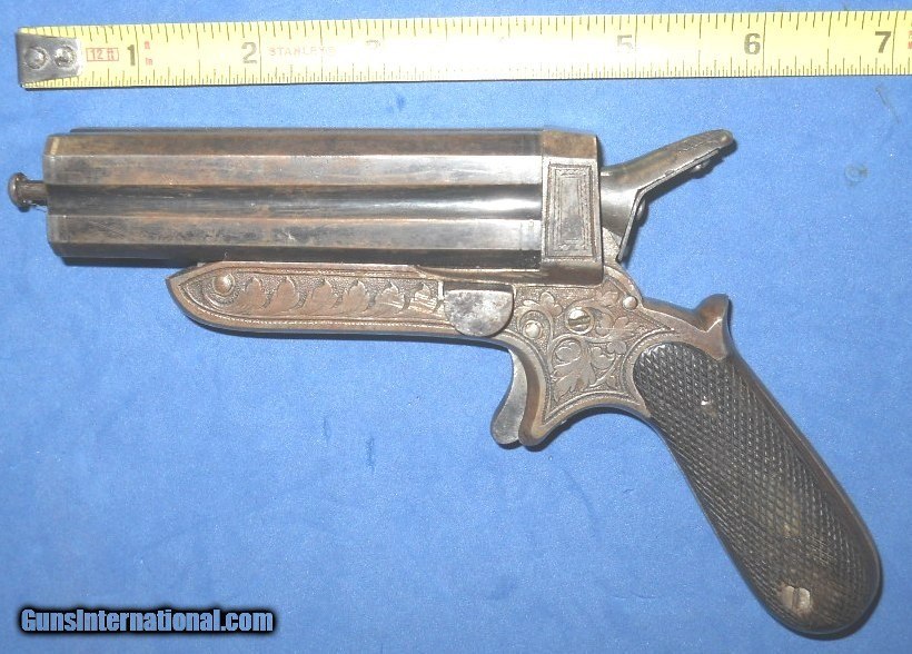 * Antique 1860s ENGRAVED EUROPEAN 4 BARREL SHARPS TYPE PEPPERBOX PISTOL 9mm
