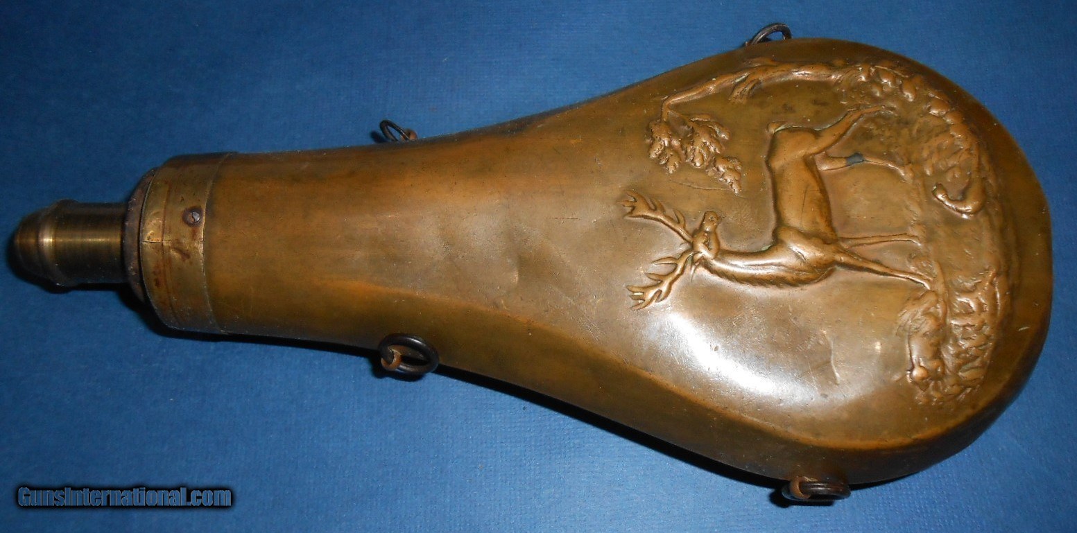 Antique POWDER FLASK DEER STAG BIG BUCK RILING No. 972