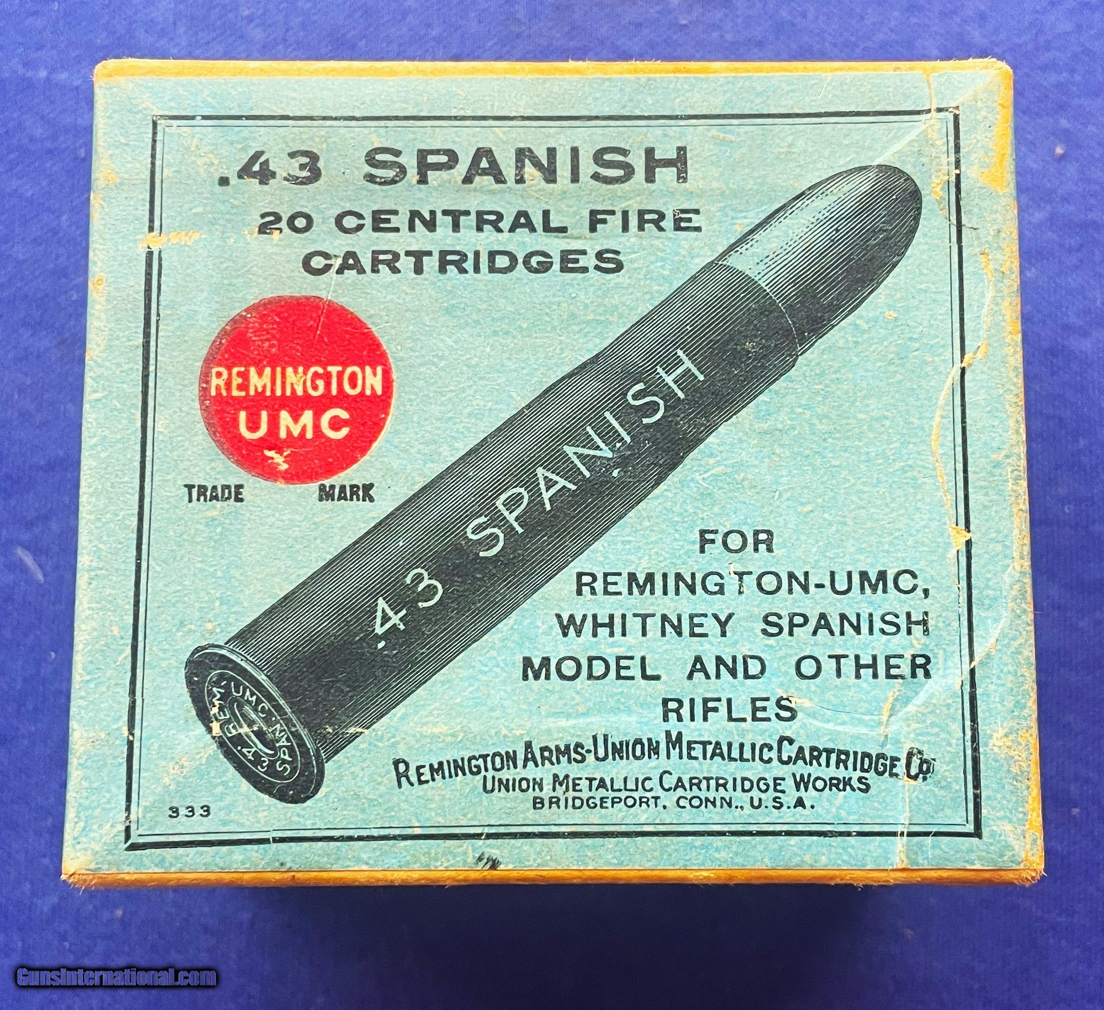 Vintage BRIGHT BOX of REMINGTON UMC .43 SPANISH BLACK POWDER NOS AMMO
