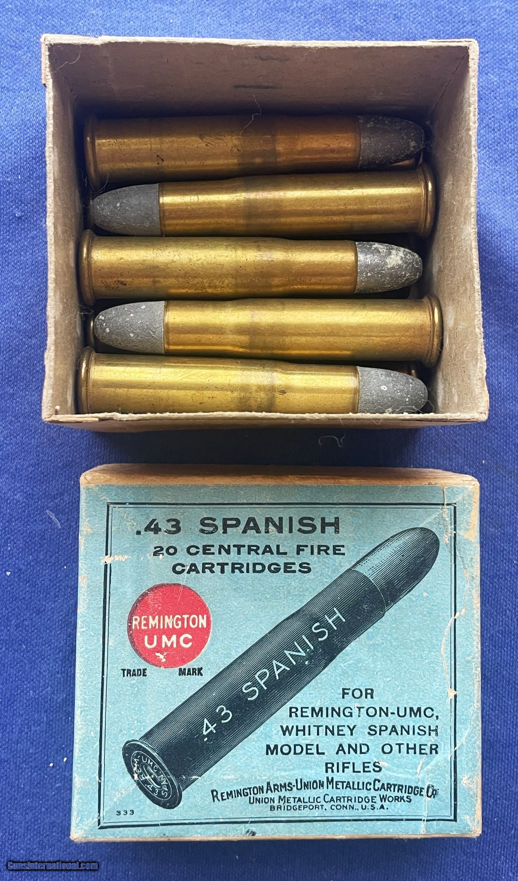 Vintage BRIGHT BOX of REMINGTON UMC .43 SPANISH BLACK POWDER NOS AMMO