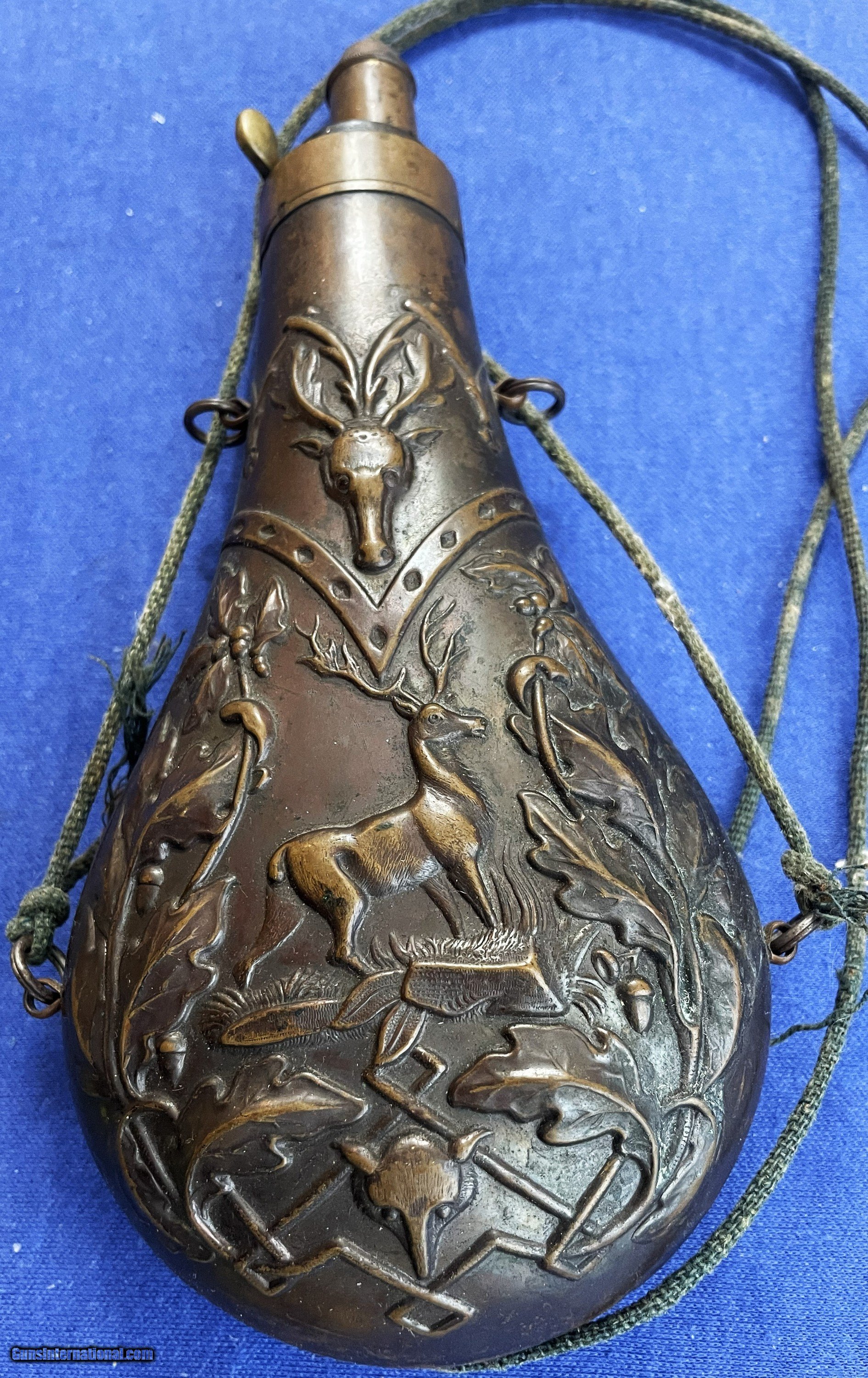 Antique CIVIL WAR ERA POWDER FLASK DEER, ELK, FOX AMERICAN FLASK & CAP ...