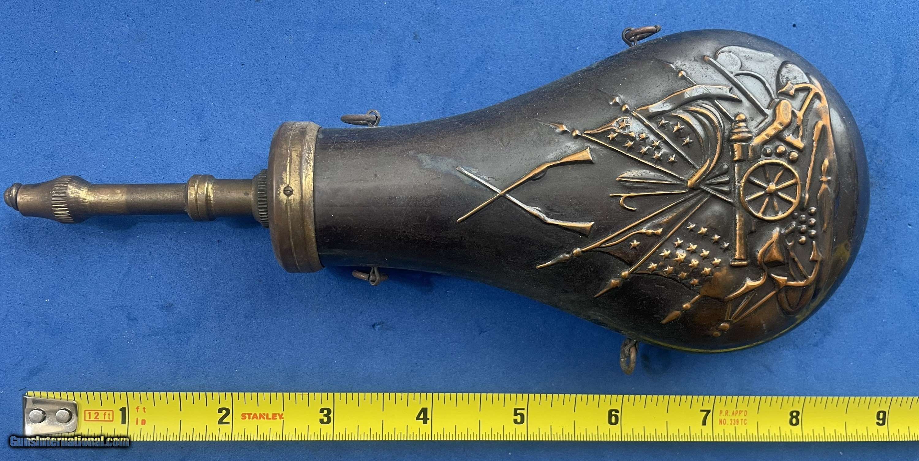 Vintage COLT NAVY REVOLVER PLUNGER DISPENCE POWDER FLASK CANNON & FLAGS ...