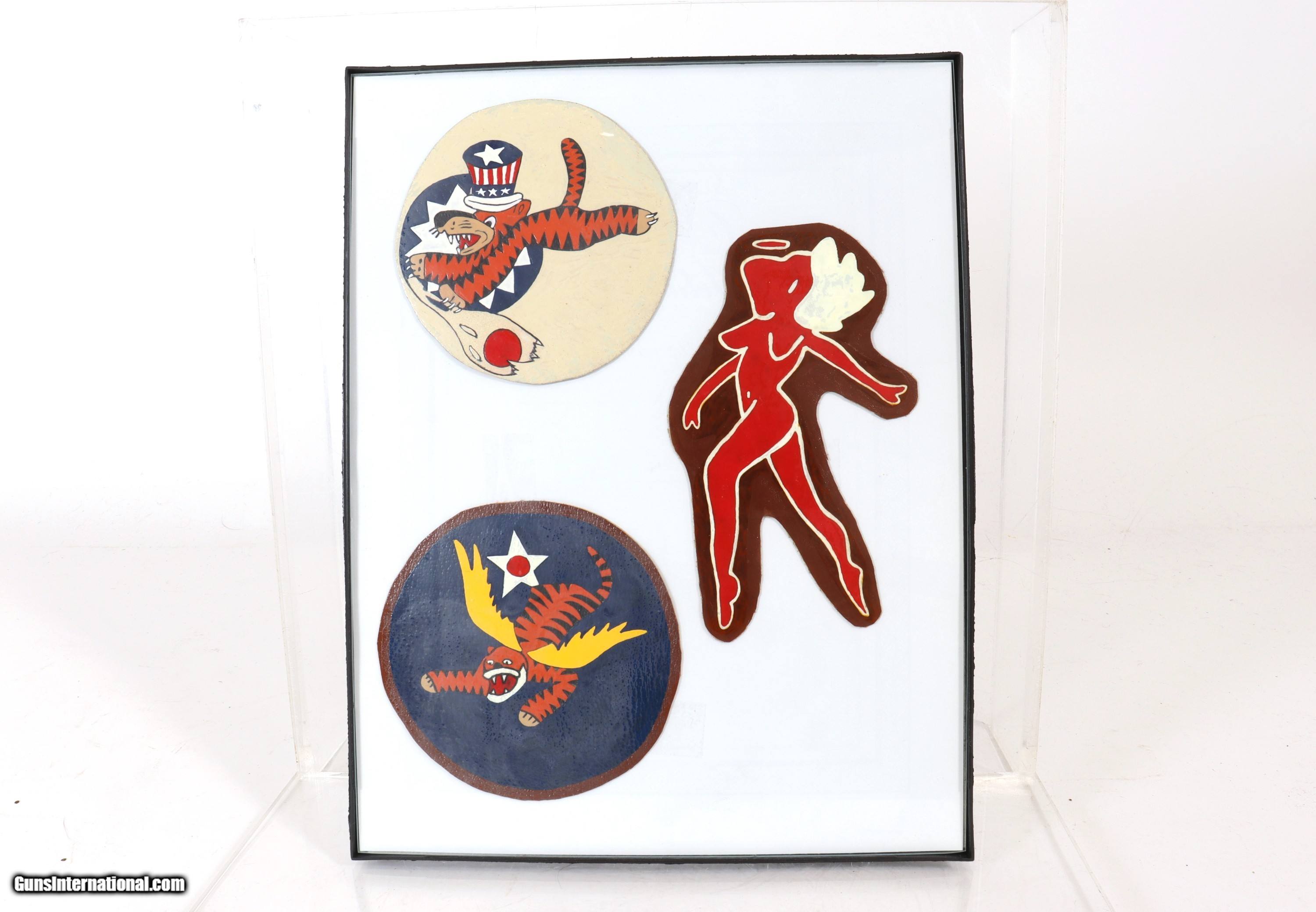 Three Vintage Leather Military Patches in Frame for sale