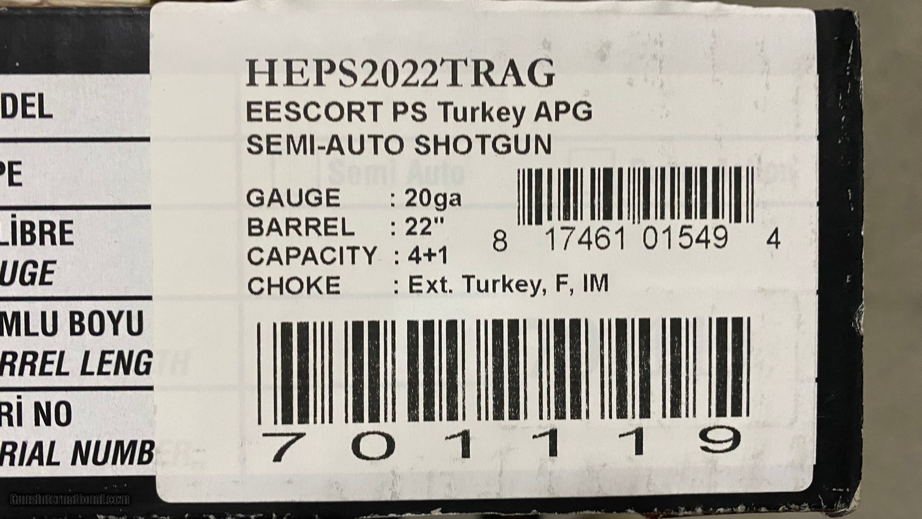Escort PS Turkey APG 20 GA Semi Auto Shotgun HEPS2022TRAG