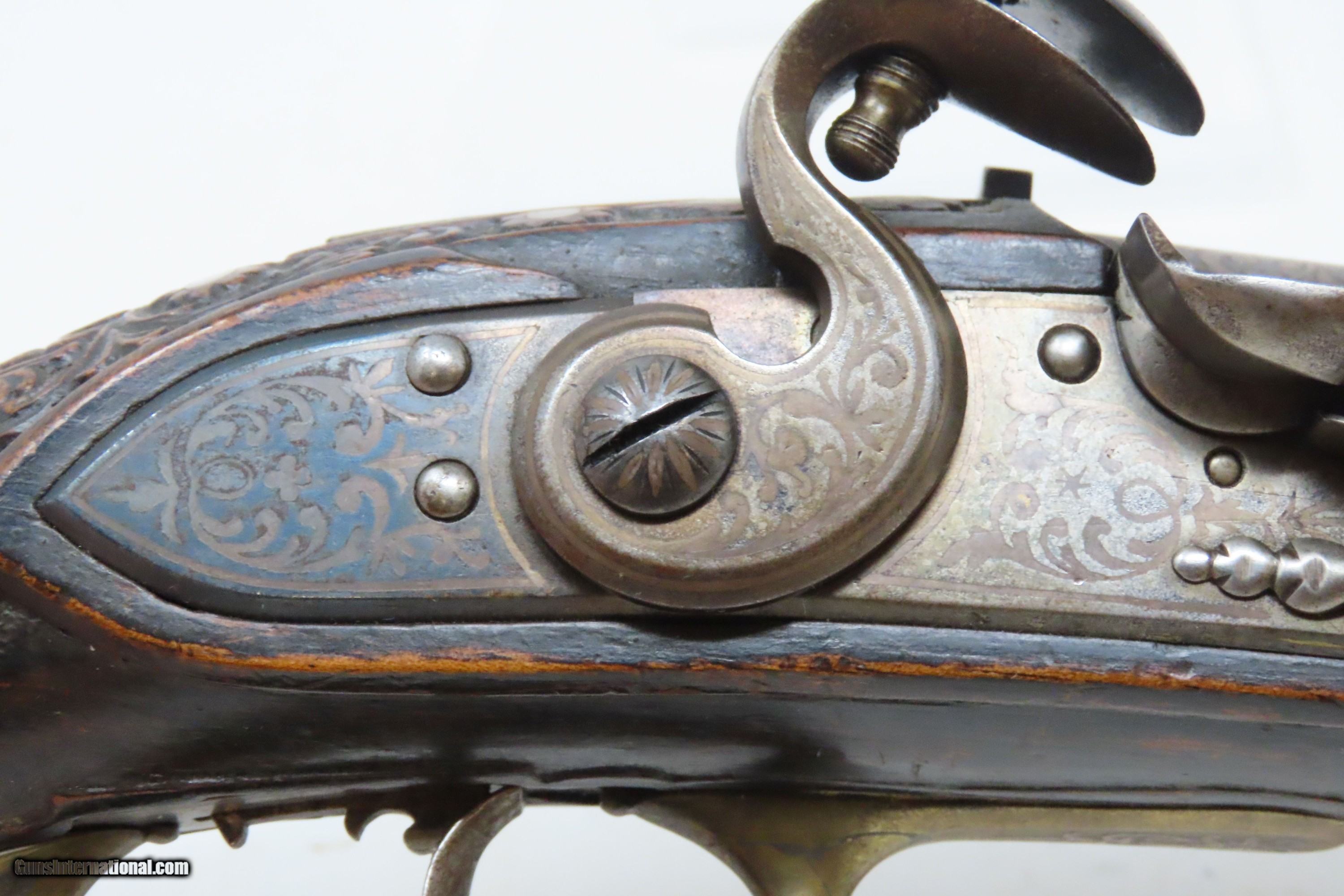 CHISELED CARVED SILVER MOTHER of PEARL Inlaid HORN Tipped FLINTLOCK ...