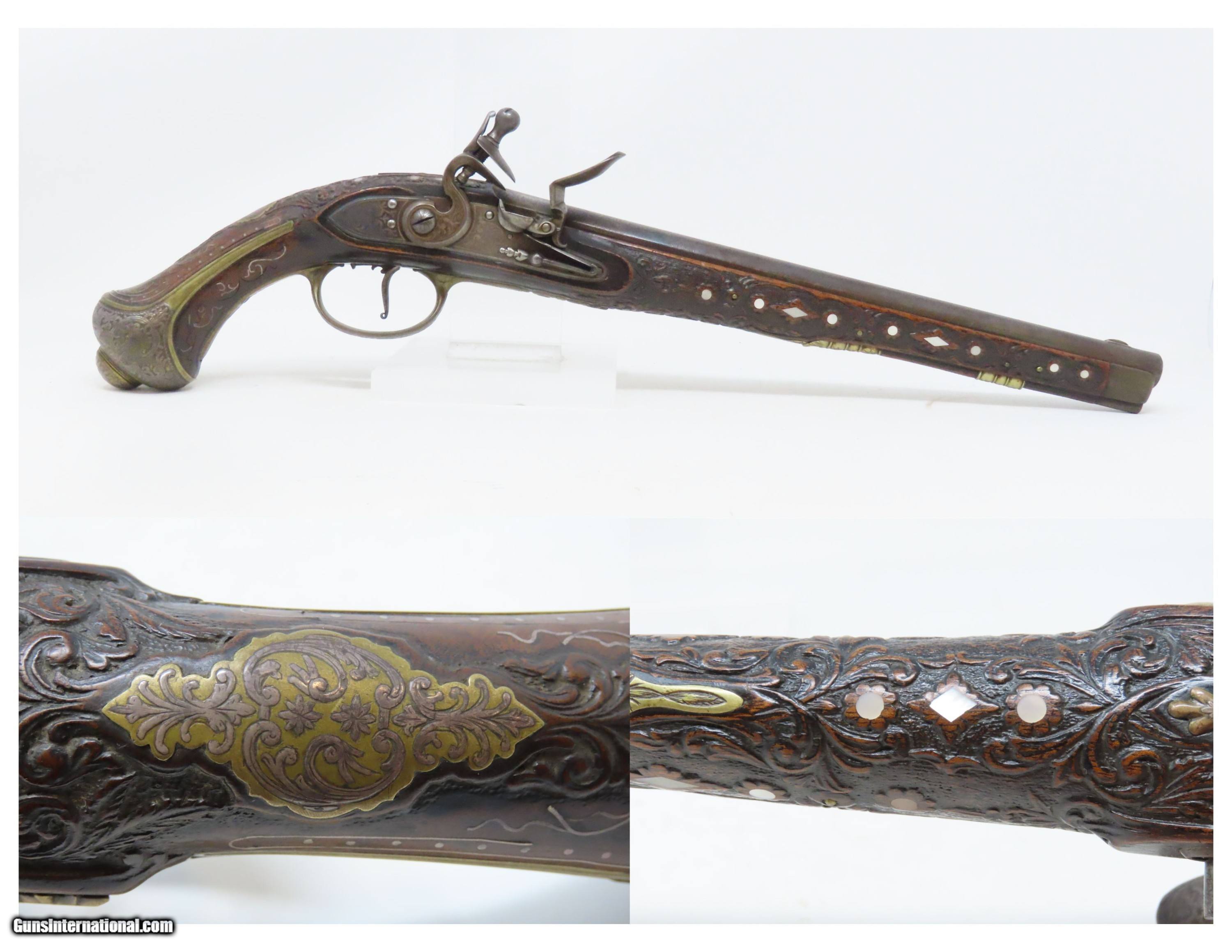 CHISELED CARVED SILVER MOTHER of PEARL Inlaid HORN Tipped FLINTLOCK ...