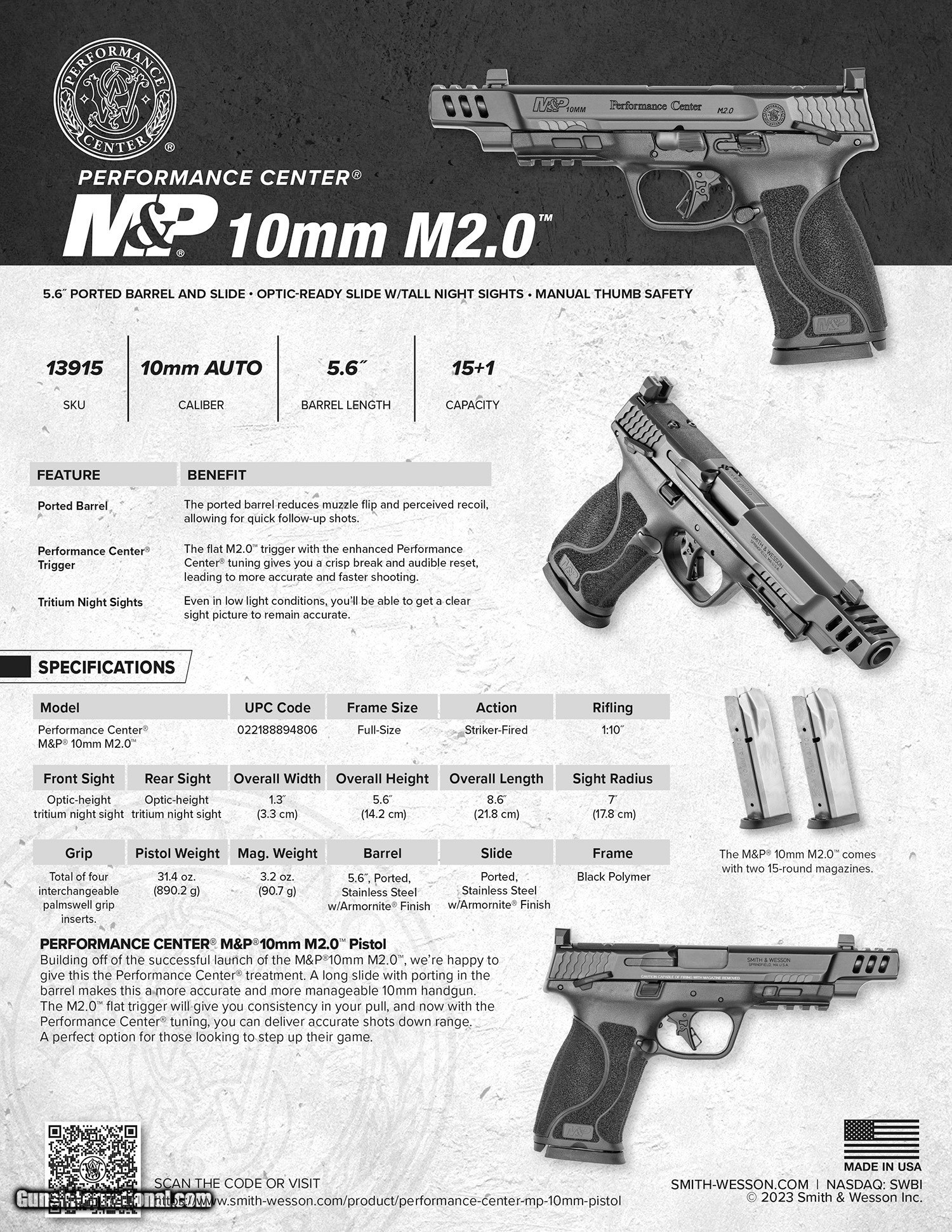 Smith & Wesson 13915 M&P M2.0 Full Size Frame 10mm Auto 15+1, 5.60 ...